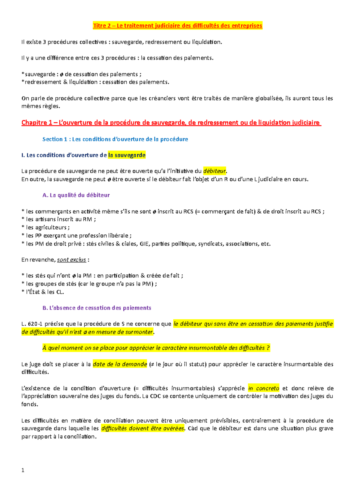 Chap 1 - l'ouverture de la procédure de S, R ou L judiciaire - Titre 2 ...