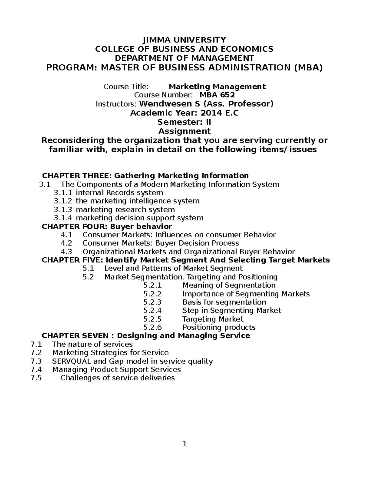 Marketing Management Assignment - JIMMA UNIVERSITY COLLEGE OF BUSINESS ...