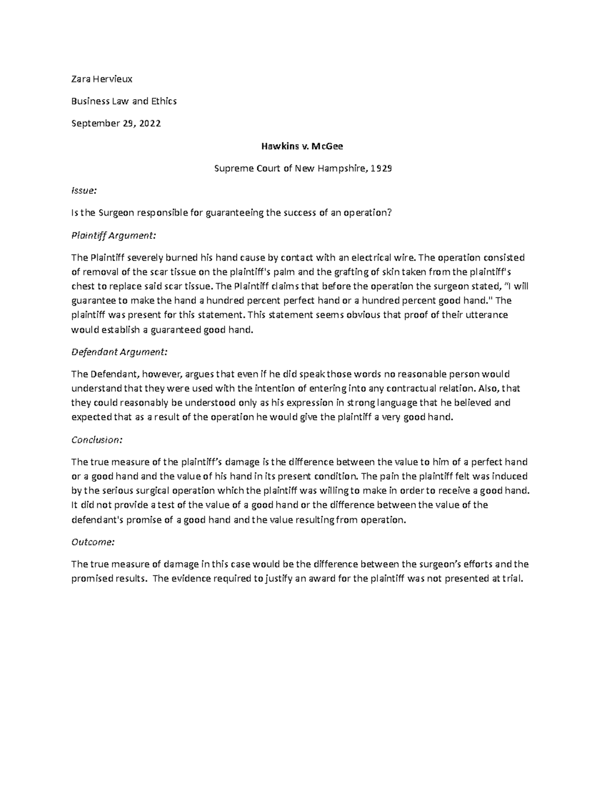 LSB Case Study 1 - Zara Hervieux Business Law and Ethics September 29 ...