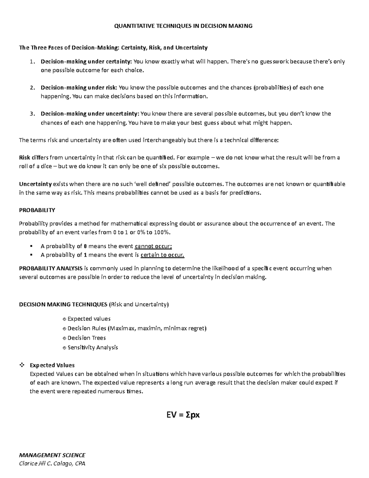Management Science Handouts 2 - MANAGEMENT SCIENCE The Three Faces of ...