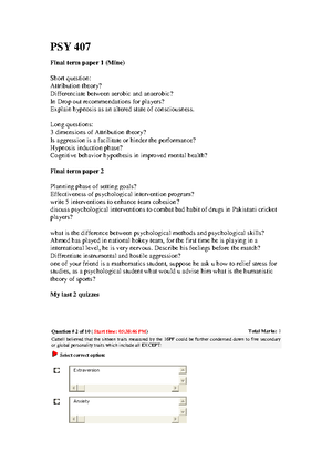 PSY407 Quiz#3 - Sports Psychology - Studocu
