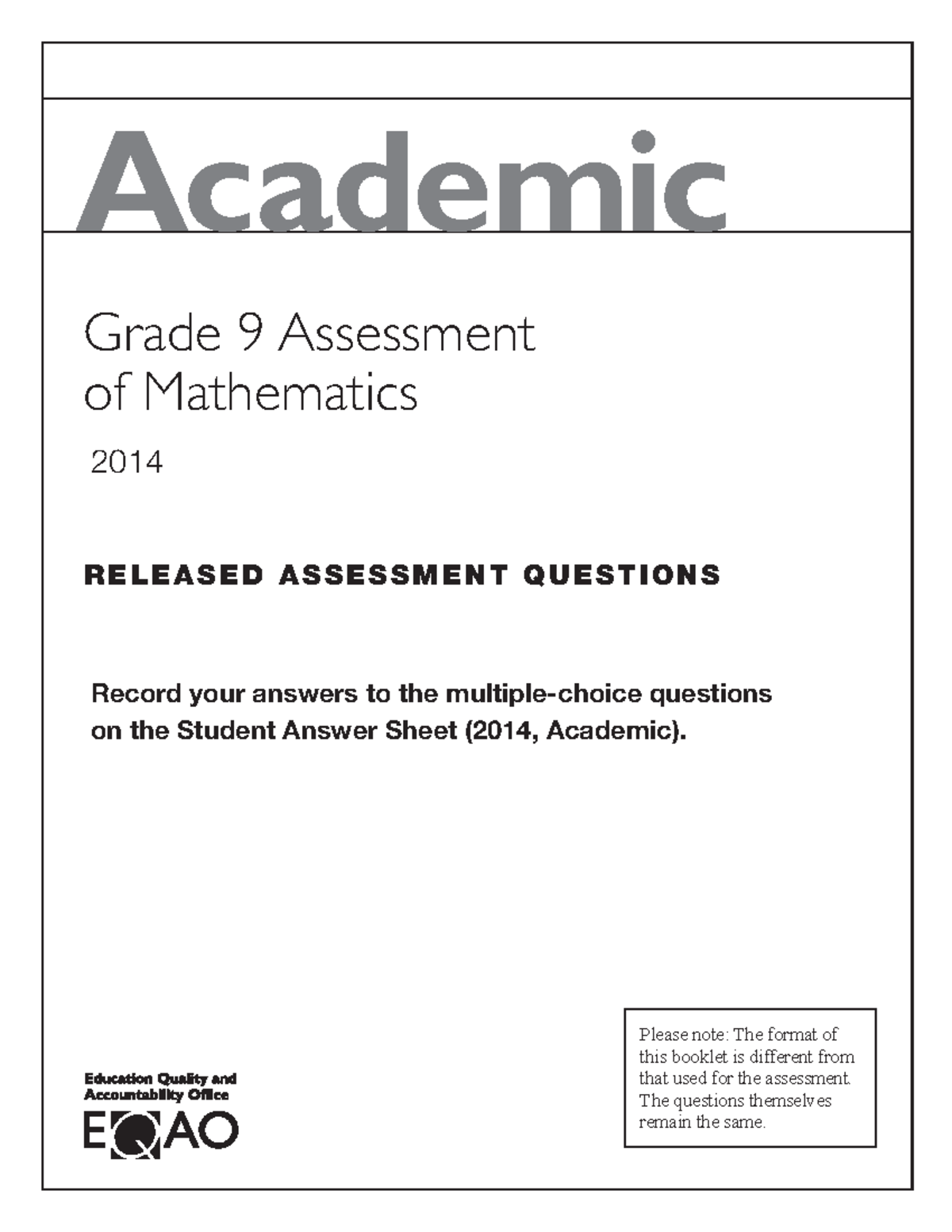 2014 EQAO Practice Test Grade 9 Assessment Of Mathematics Please Note