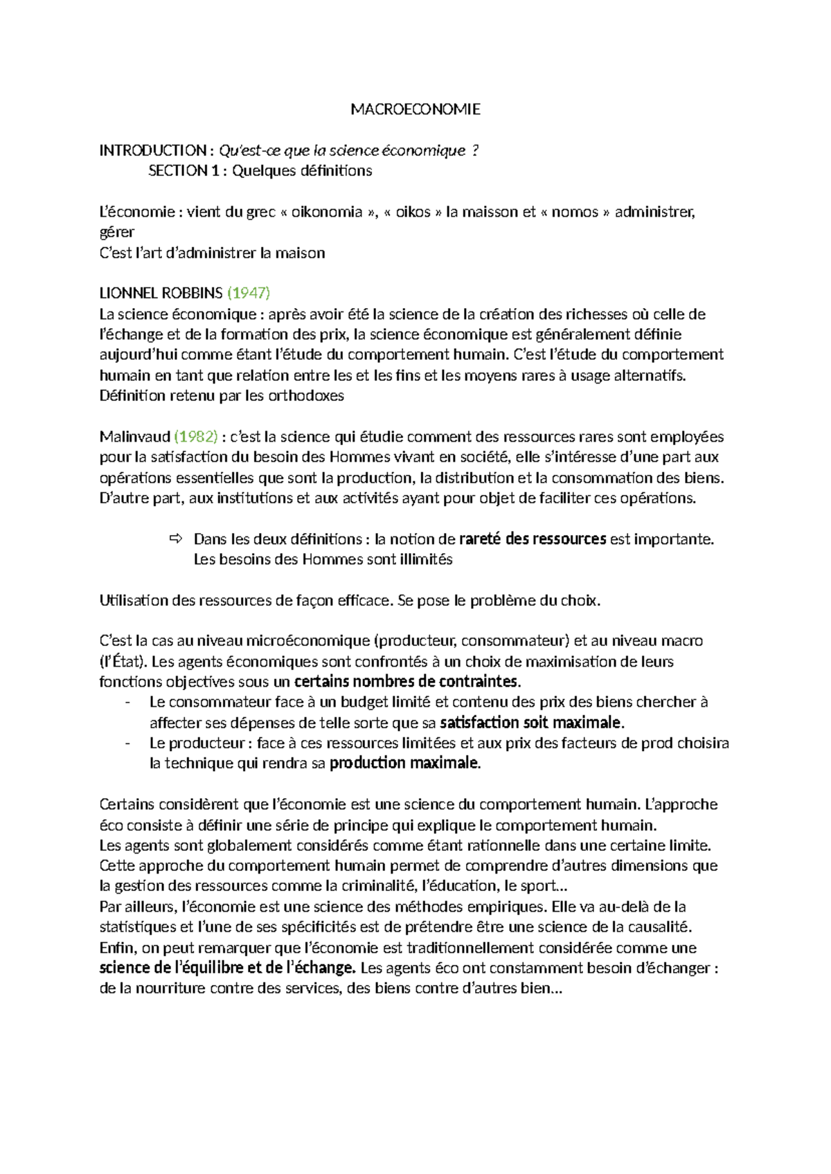 Cours - Macro - MACROECONOMIE INTRODUCTION : Qu’est-ce que la science économique? SECTION 1 ...