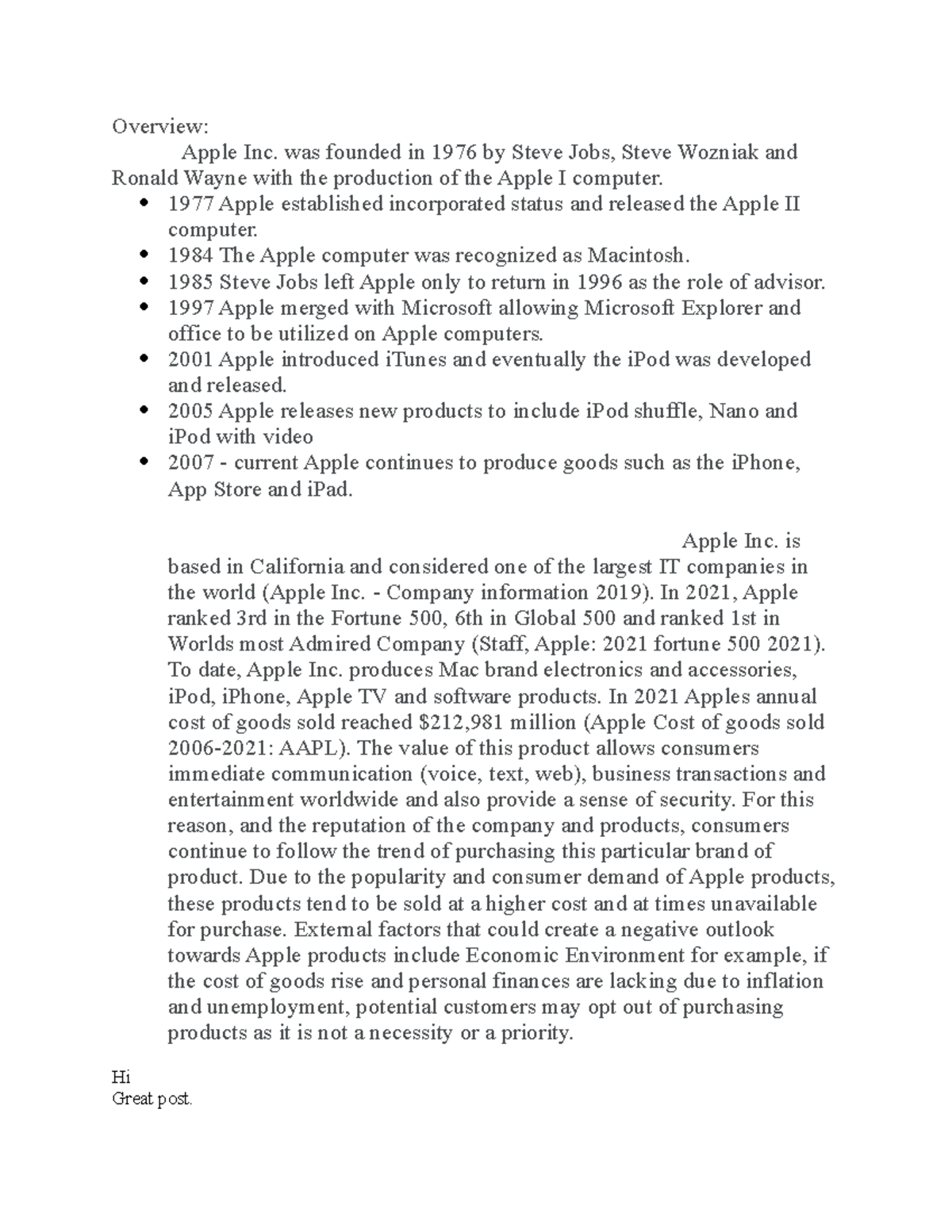 Week 1 Discussion Responses - Overview: Apple Inc. was founded in 1976 ...