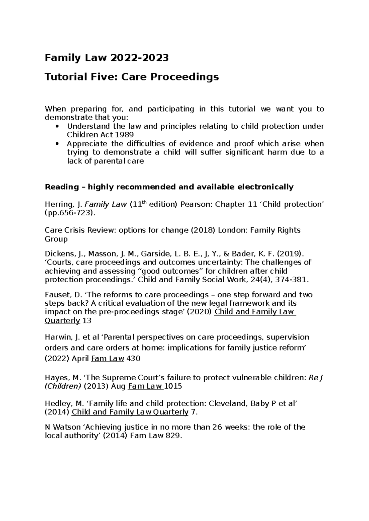 5. Tutorial Five Public Law Care Proceedings - Family Law 2022- Tutorial Five: Care Proceedings ...