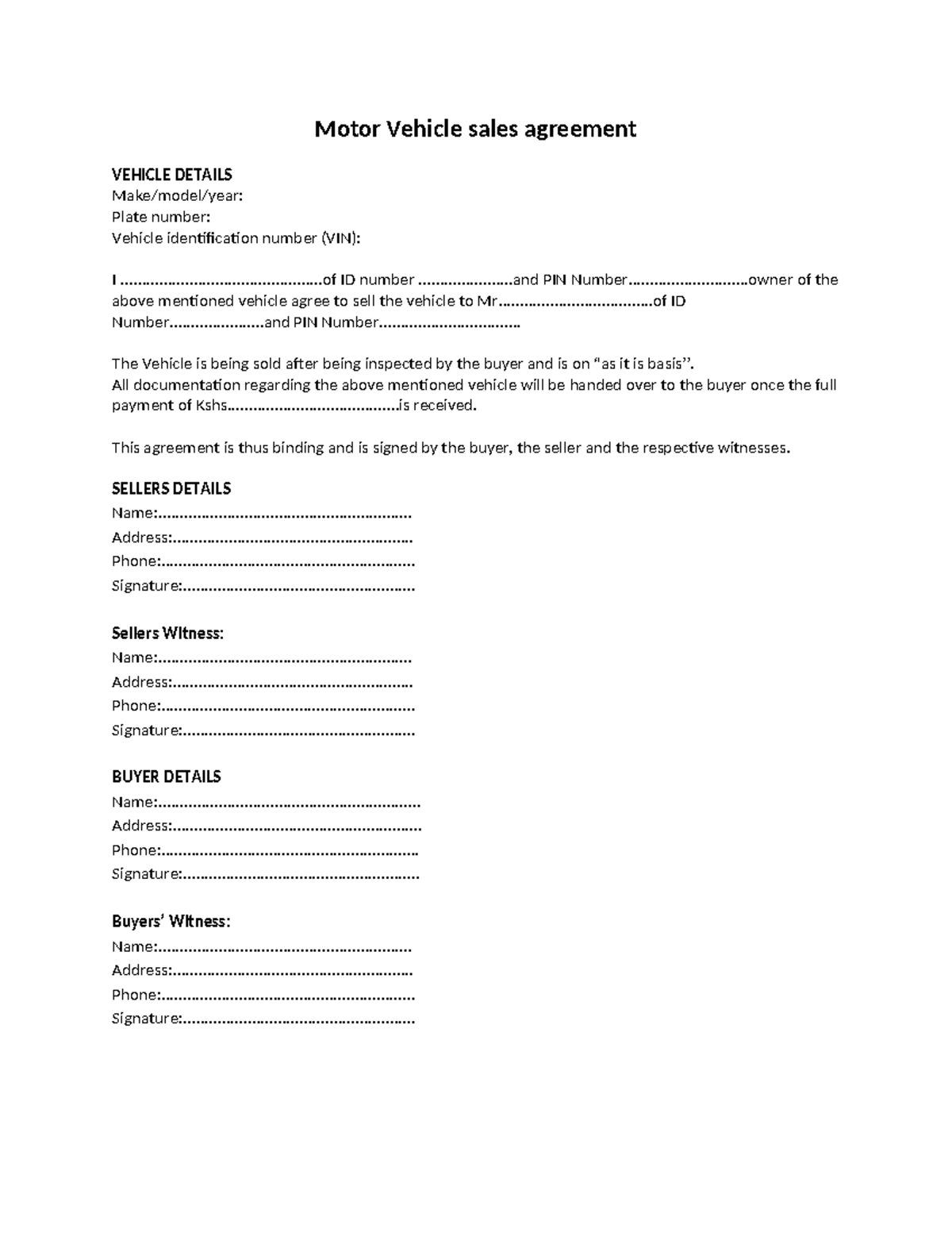 Motor Vehicle sales agreement - Motor Vehicle sales agreement VEHICLE ...