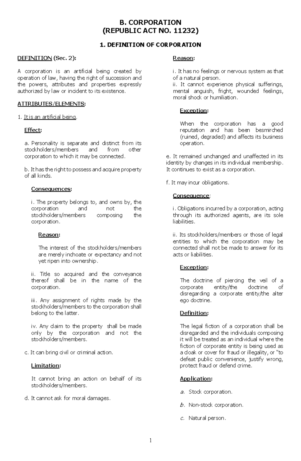 Revised Corporation CODE - B. CORPORATION (REPUBLIC ACT NO. 11232) 1 ...