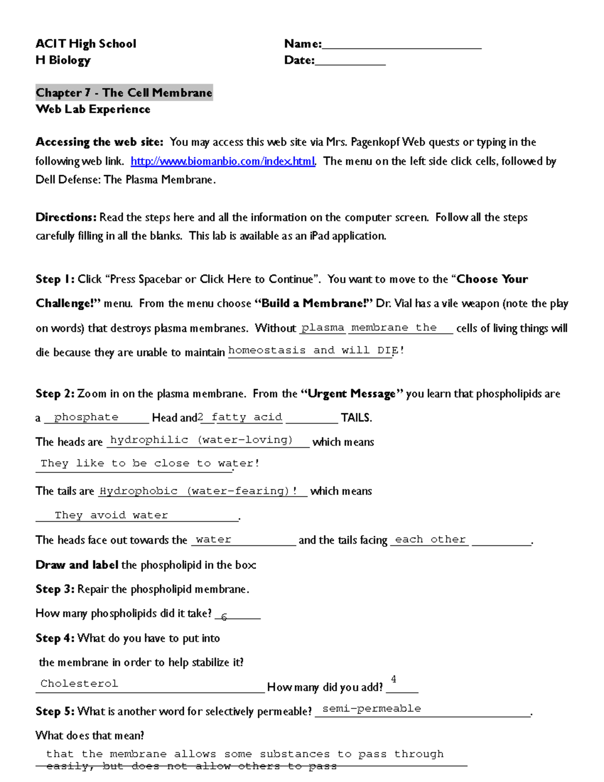 Cell defense worksheet - ACIT High School Name ...