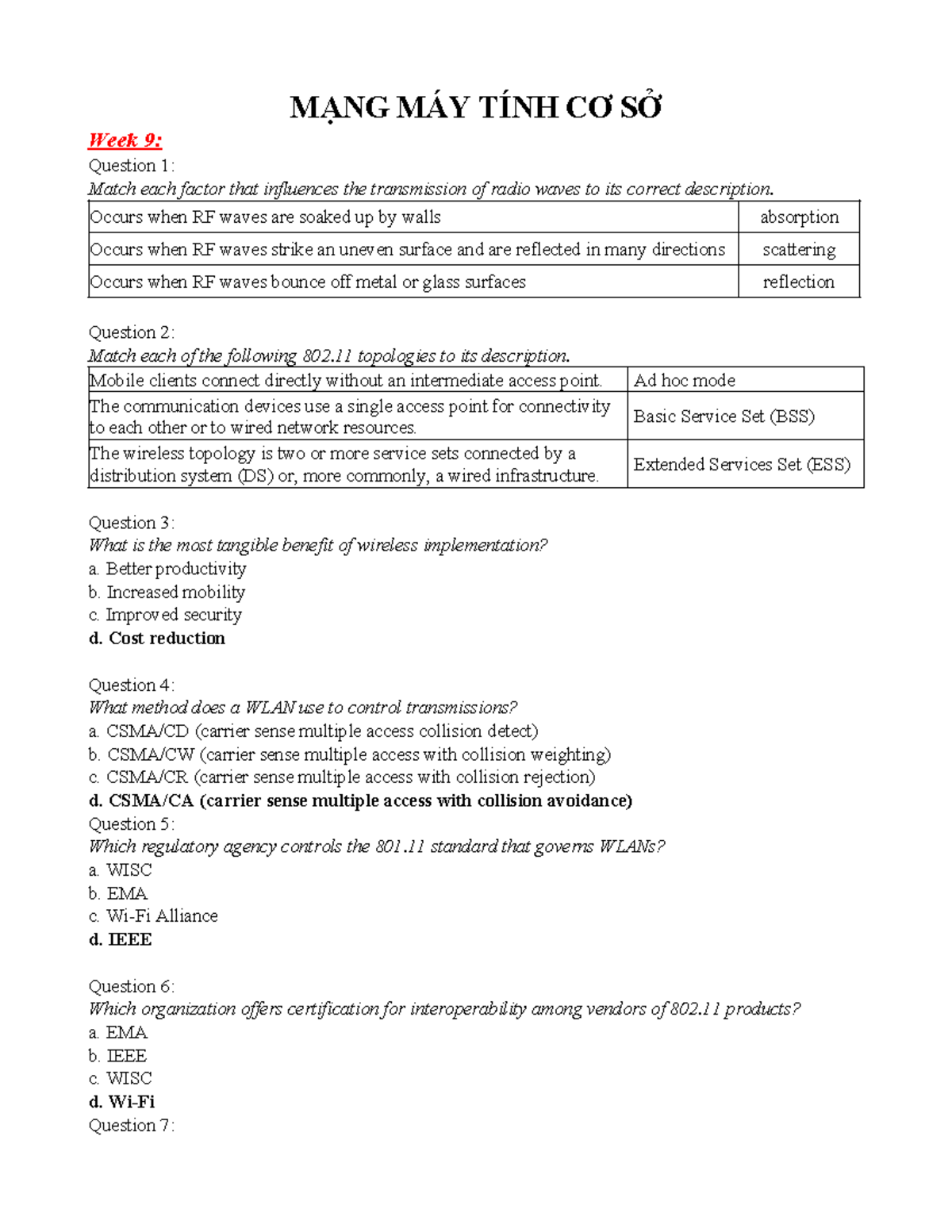 MMT - Quiz mạng máy tính cơ sở - MẠNG MÁY TÍNH CƠ SỞ Week 9 : Question 1: Match each factor that ...