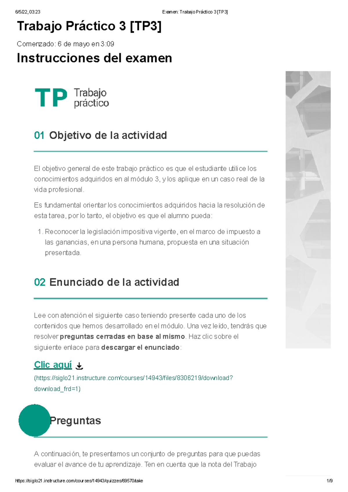 Examen Trabajo Práctico 3 [TP3].pdf impuestos - Trabajo Práctico 3 [TP3] Comenzado: 6 de mayo en ...