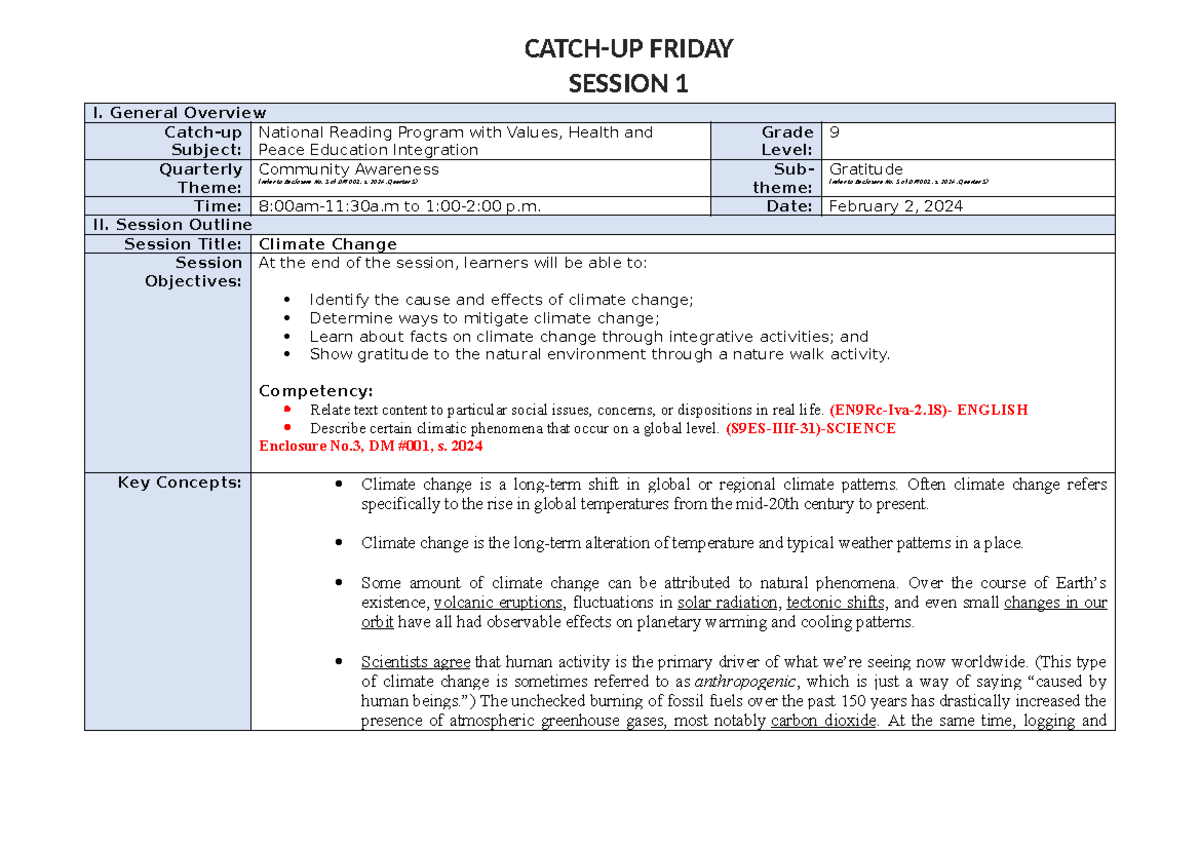 Session 1 Catch Up Friday - CATCH-UP FRIDAY SESSION 1 I. General ...