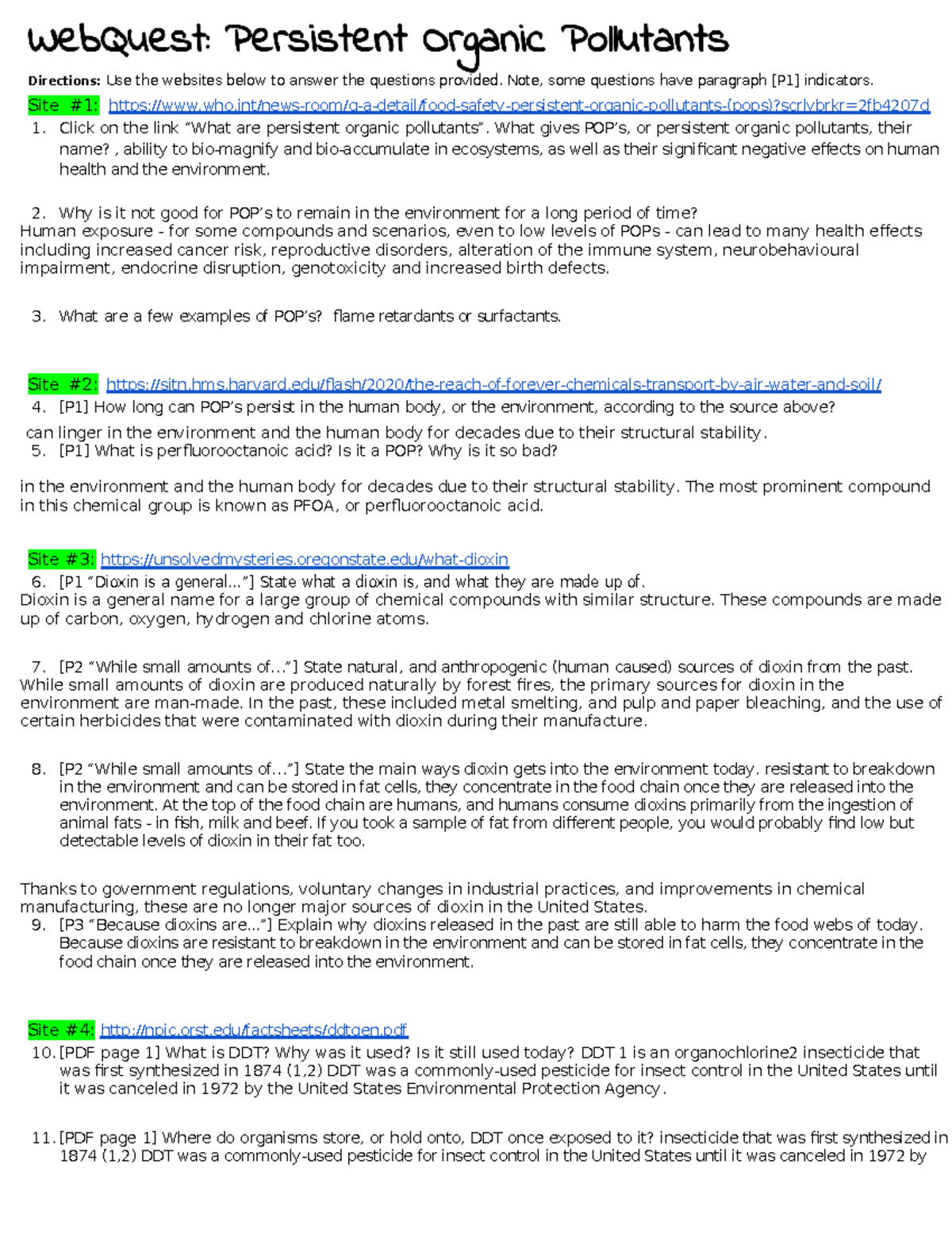 Web Quest - Persistent Organic Pollutants (Stu - Directions: Use the ...