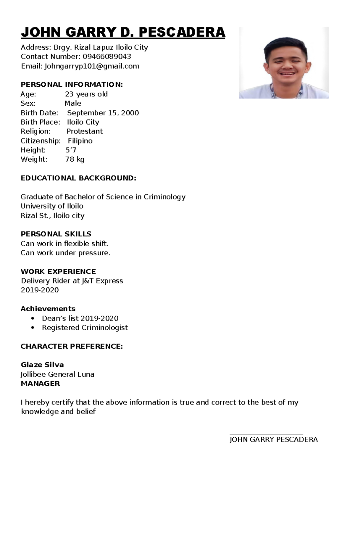 JOHN Garry Pescadera Resume - JOHN GARRY D. PESCADERA Address: Brgy ...