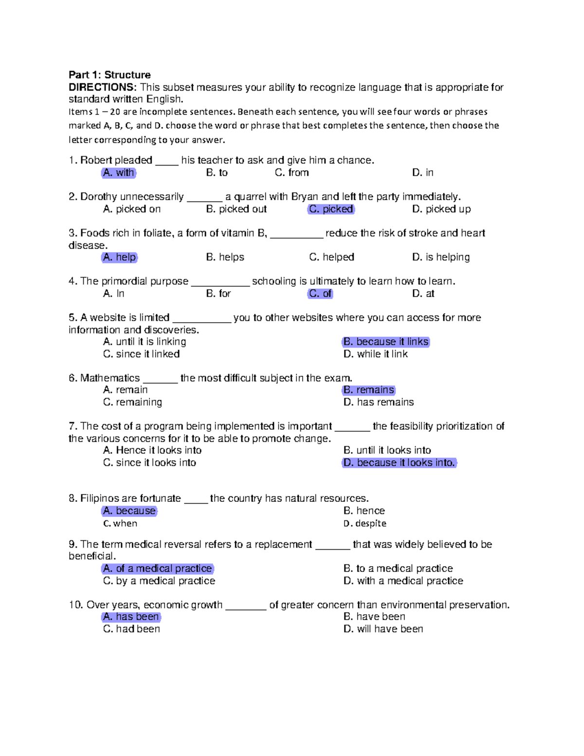 EPT Reviewers with answer - Part 1: Structure DIRECTIONS: This subset ...