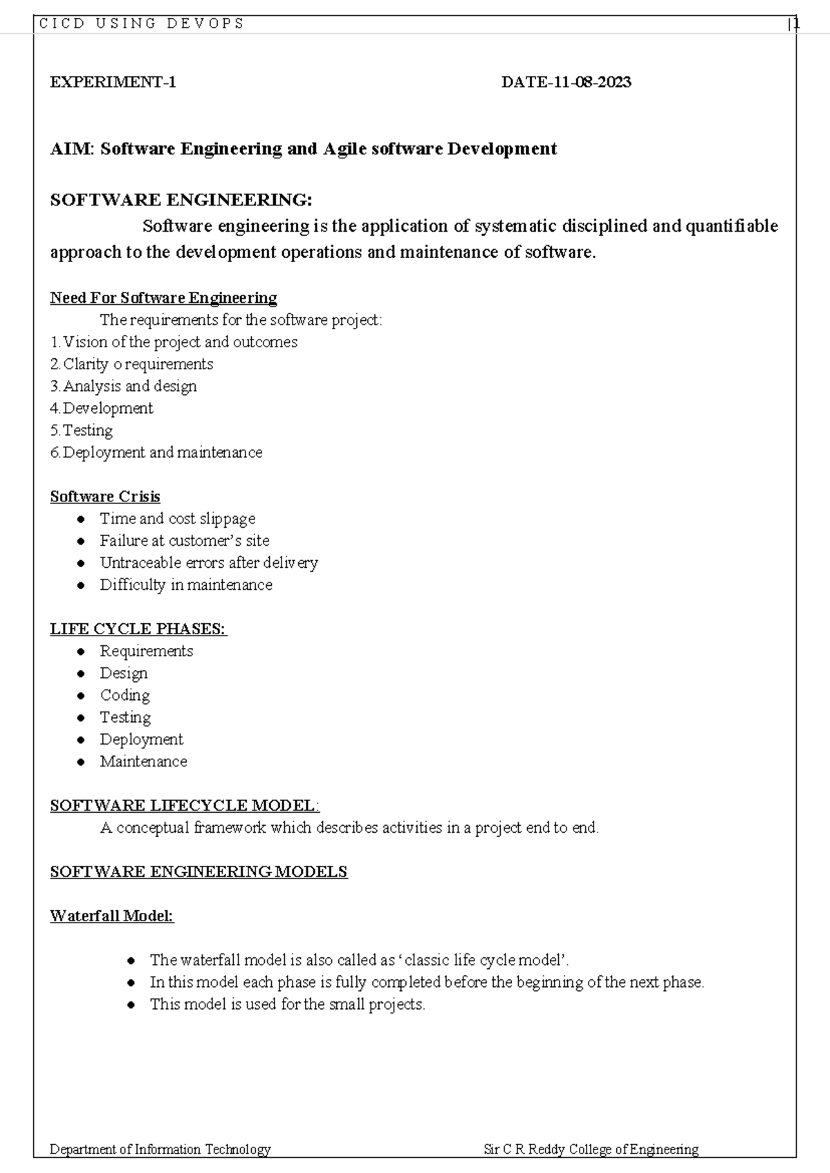 Devops Record - EXPERIMENT-1 DATE-11-08- AIM: Software Engineering and Agile software ...