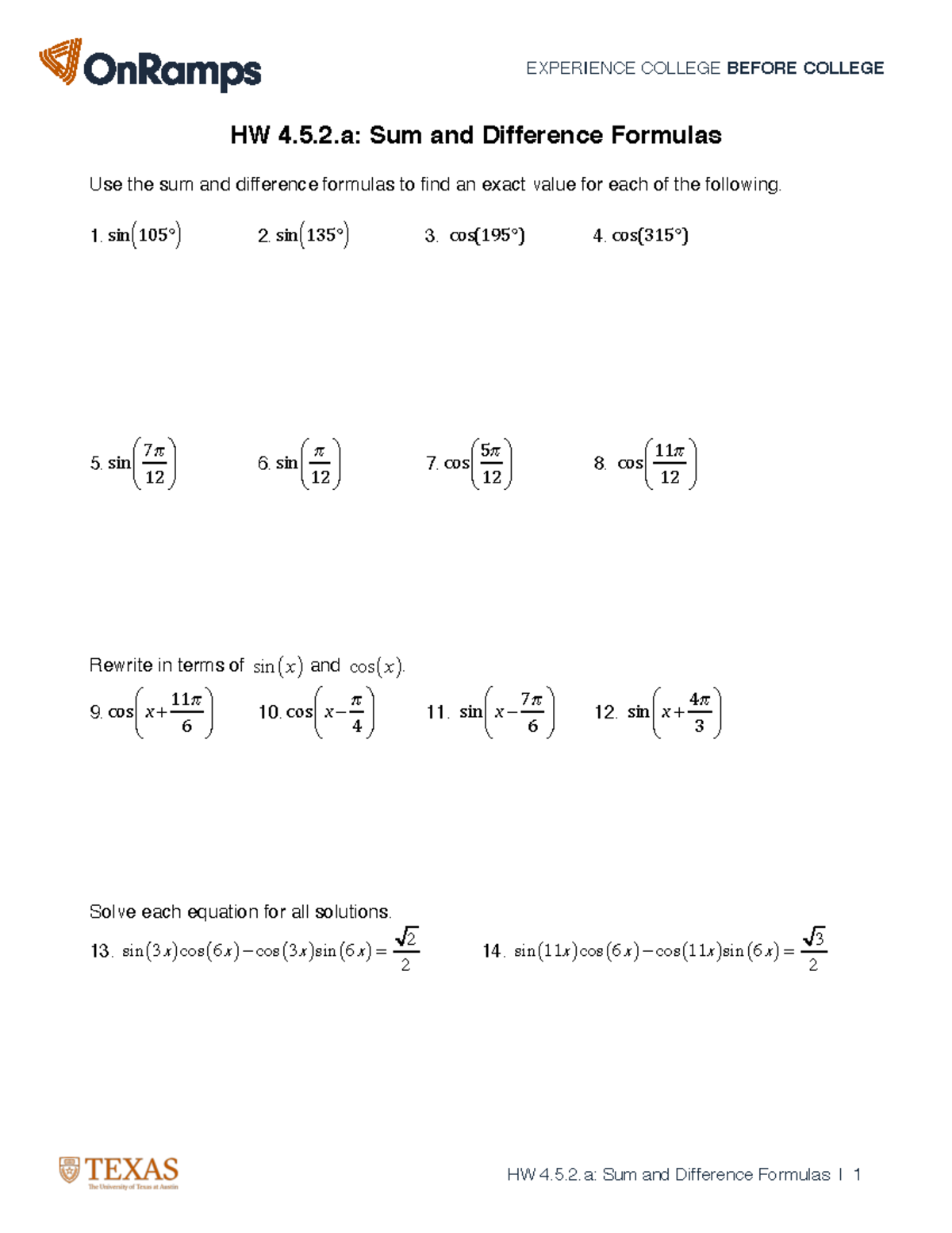 HW 4.5.2.a Sum and Difference Formulas - HW 4.5.2: Sum and Difference ...