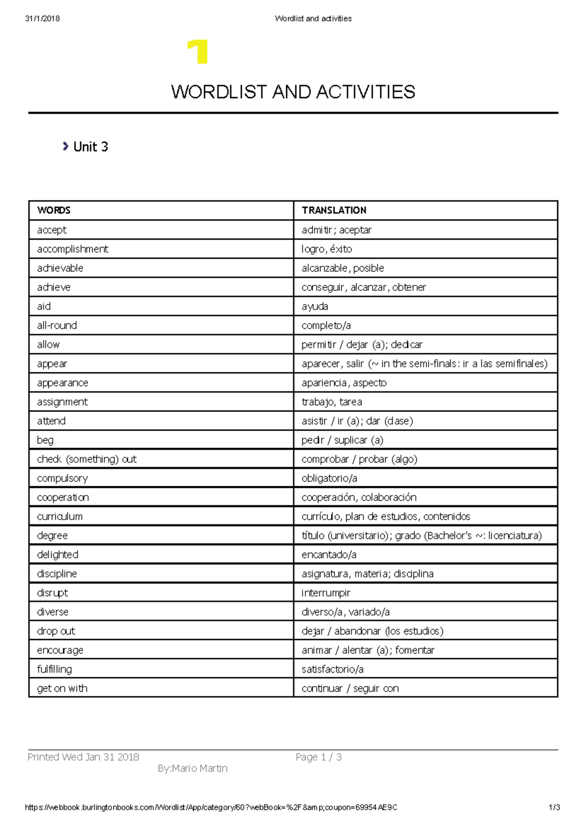 Wordlist and activities unit 3 - 31/1/2018 Wordlist and activities ...