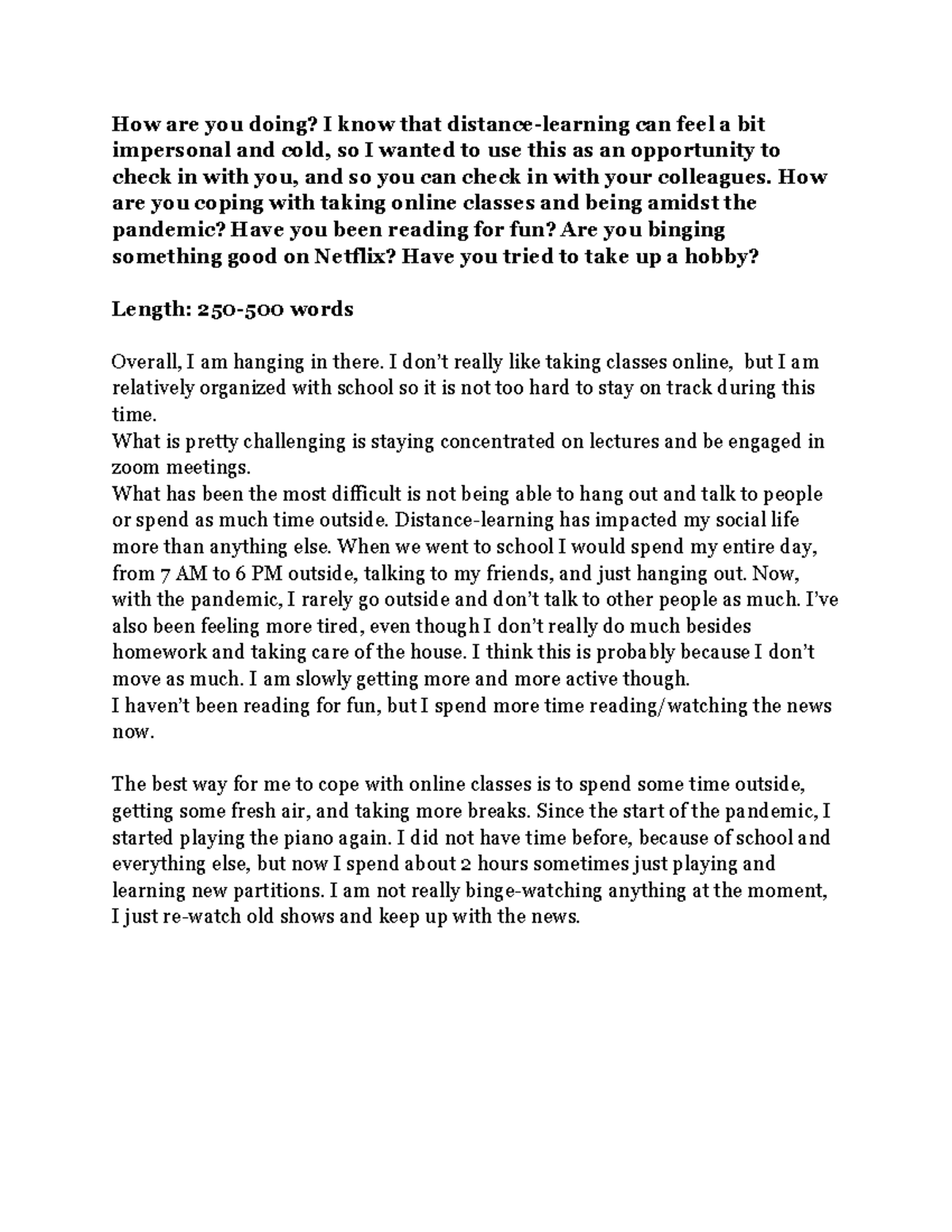 Discussion 10 Check-In - How are you doing? I know that distance ...