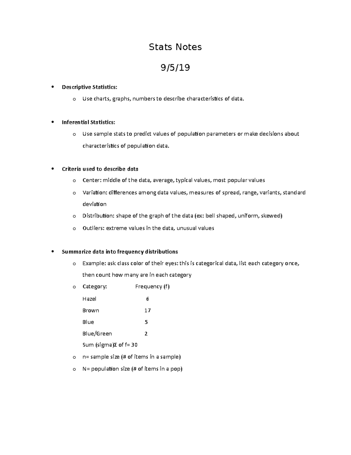 Stats Notes sept 5 2019 - MAT 115 - Stats Notes 9/5/ Descriptive ...