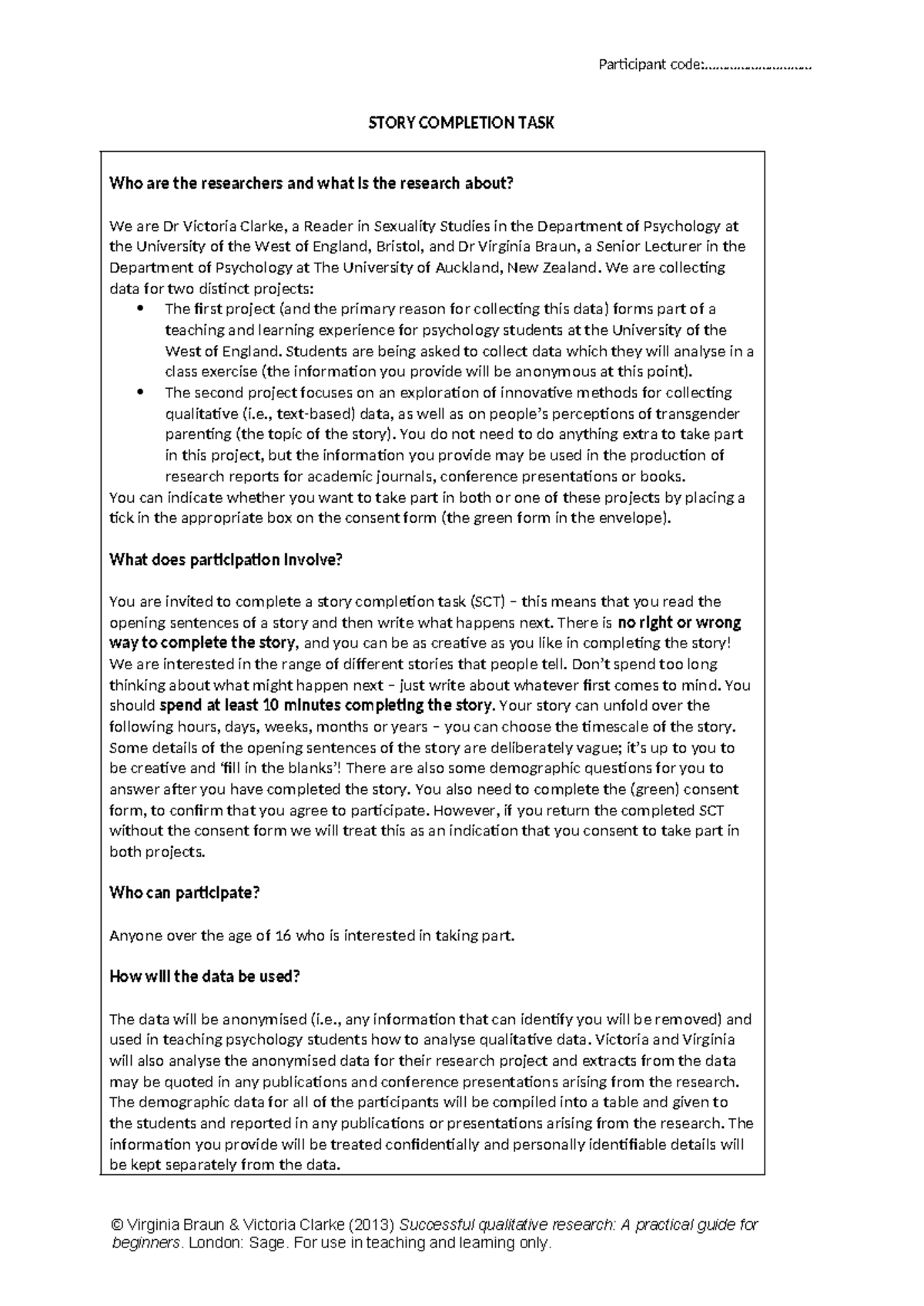 Trans Parent Story Completion Task (Brian Version) - STORY COMPLETION ...