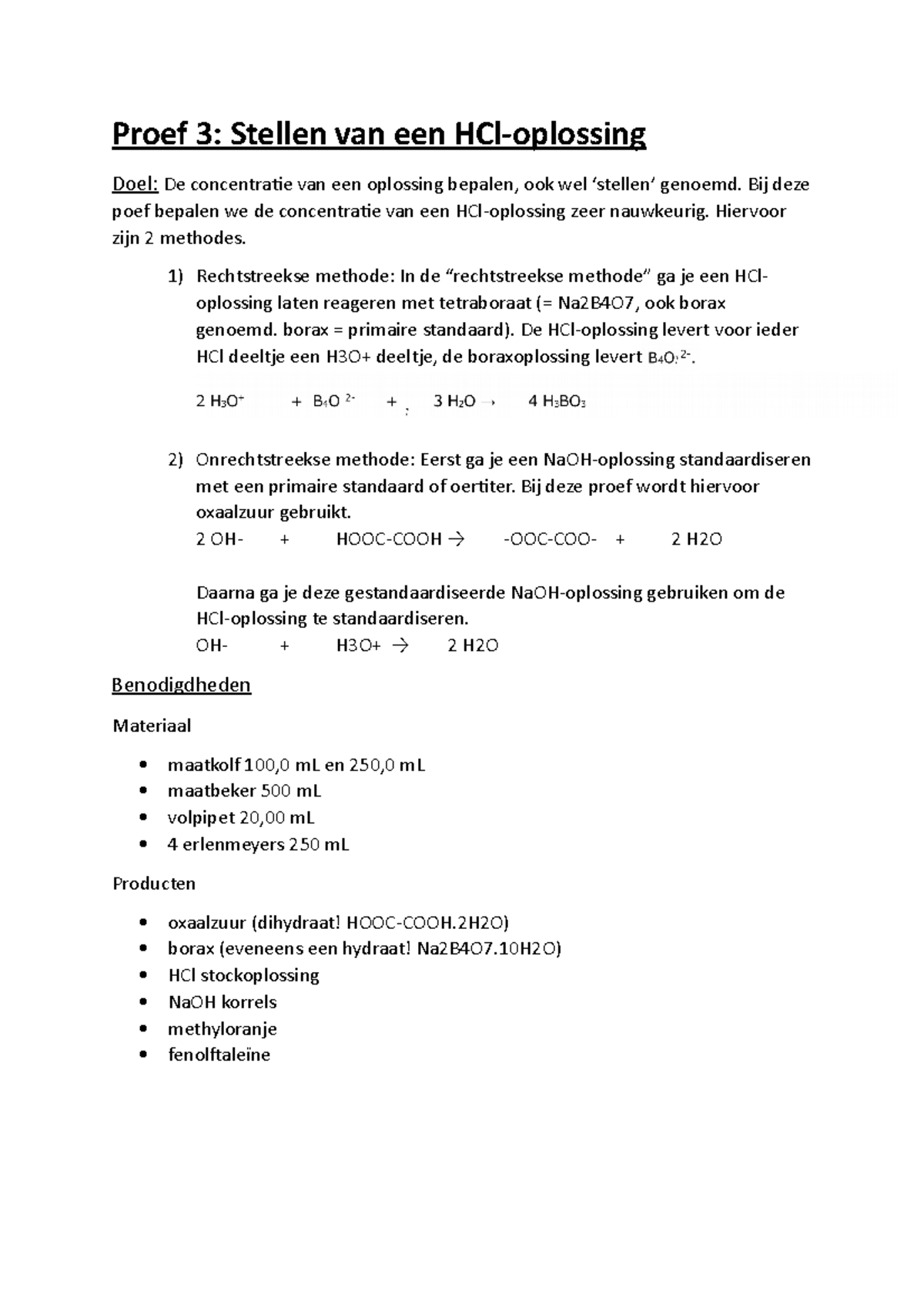 Proef 3An Ch Voorbereiding - Proef 3: Stellen van een HCl-oplossing ...