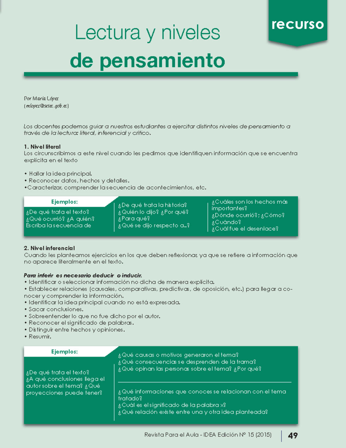 Niveles de lectura - Lectura y niveles de pensamiento Por María López ...