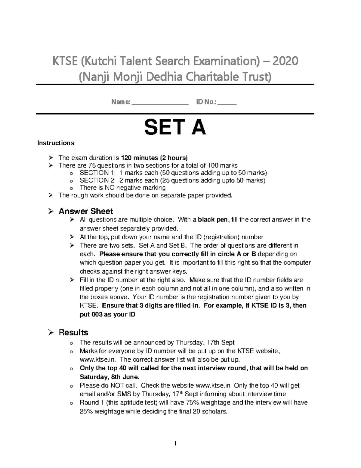 KTSE 2020 paper SET A - KTSE (Kutchi Talent Search Examination) – 2020 ...