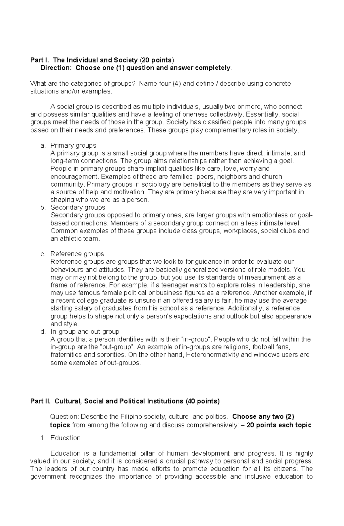 Assignment on Philippine Culture Society and Politics - Part I. The Individual and Society (20 ...