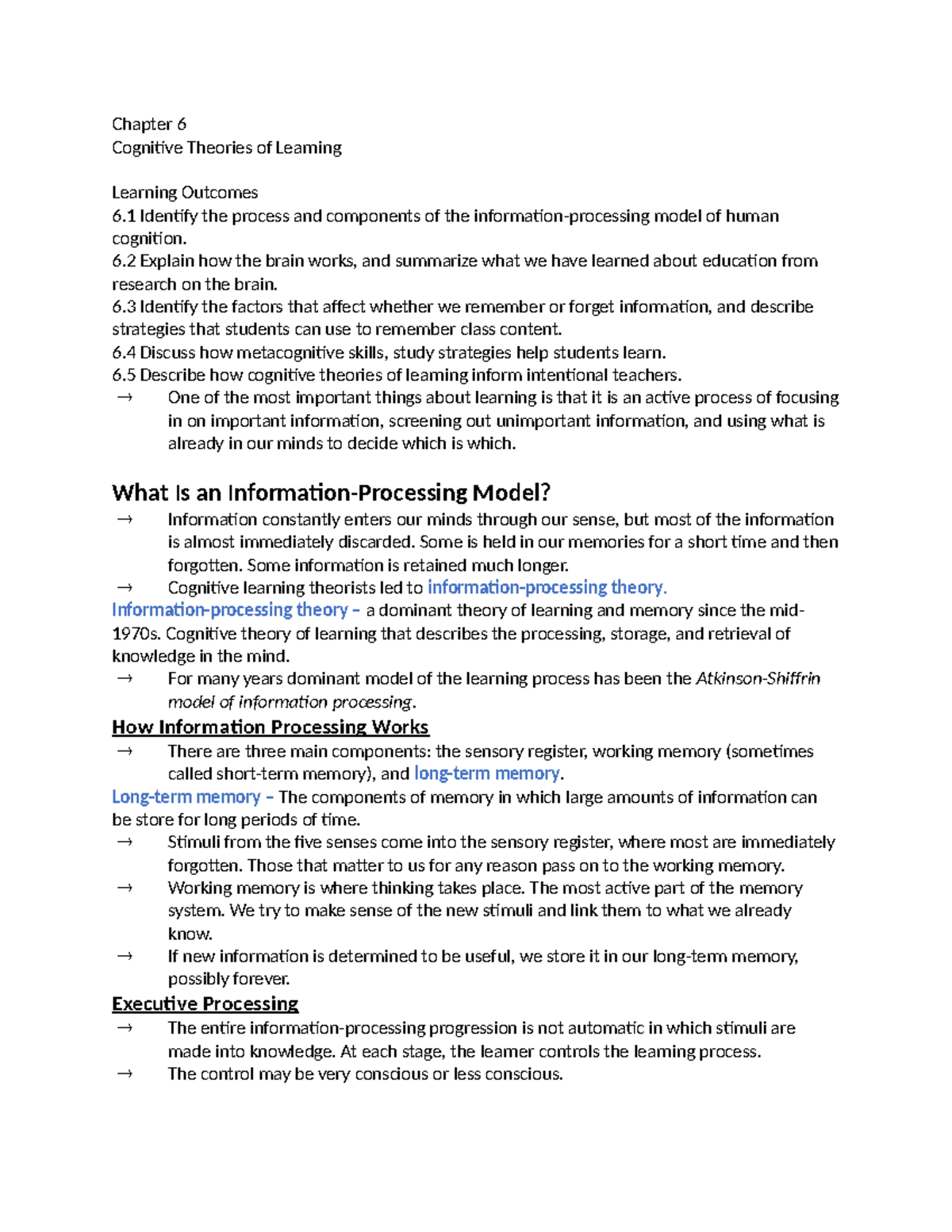 Chapter 6 - Chapter 6 Cognitive Theories of Learning Learning Outcomes ...
