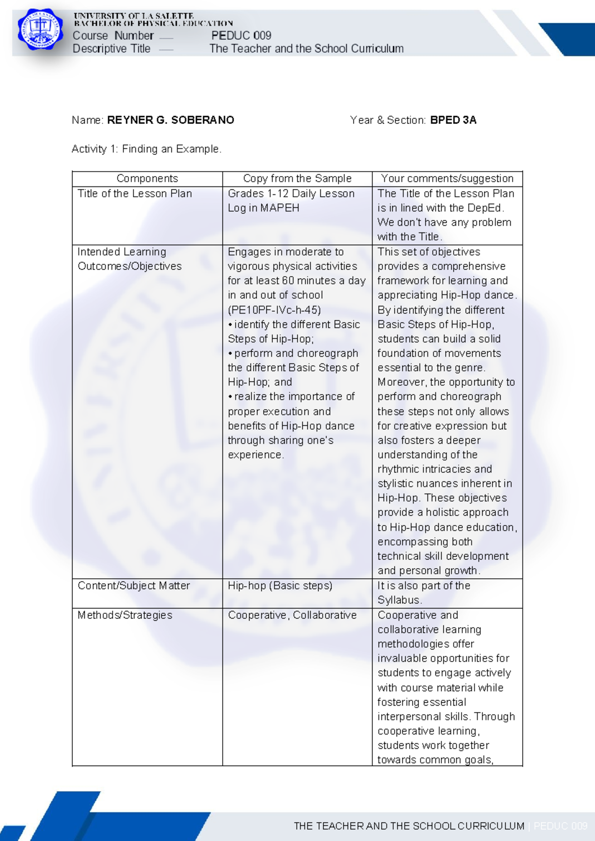 Activity Midterm - Name: REYNER G. SOBERANO Year & Section: BPED 3A ...