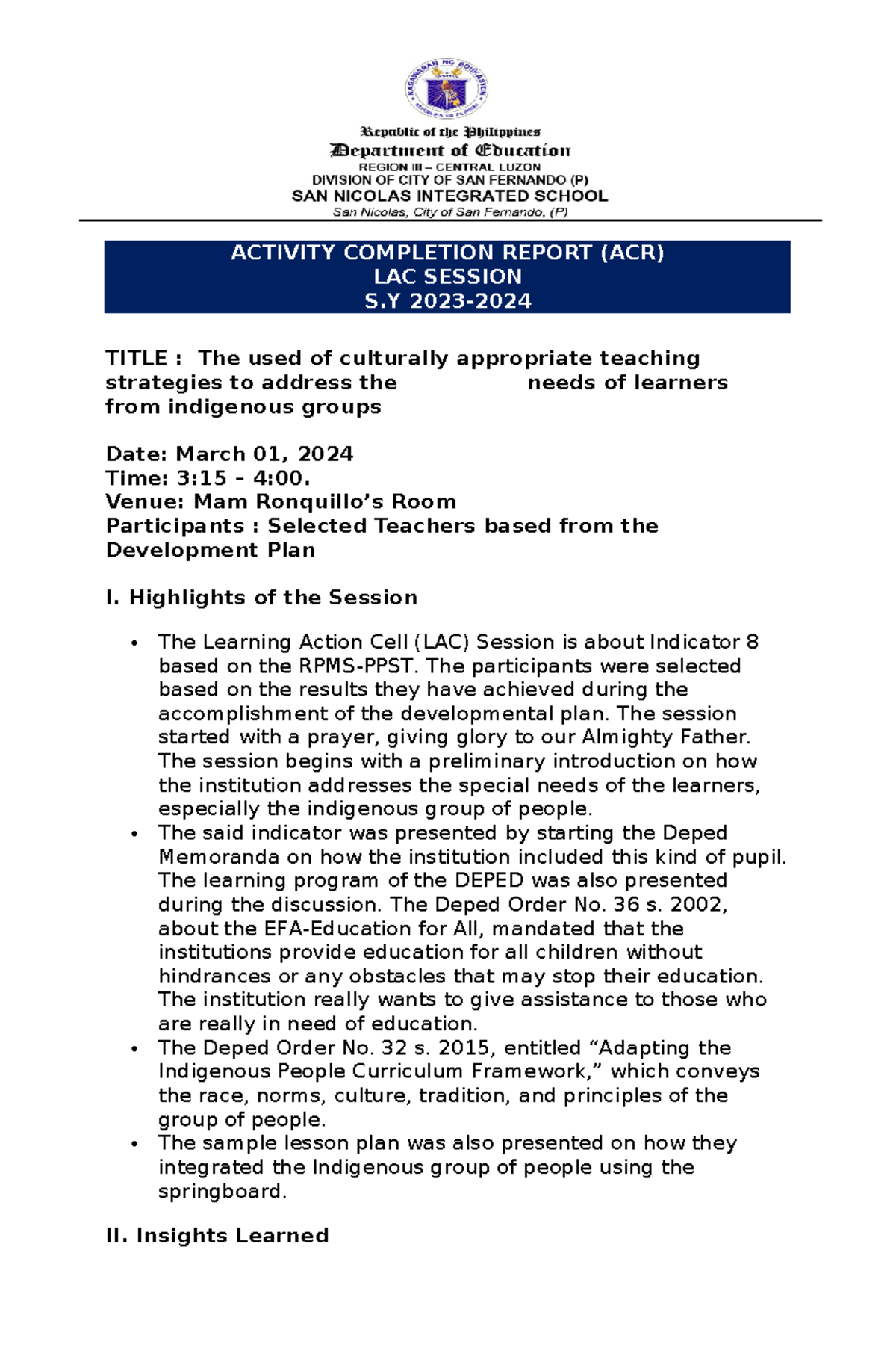 ACR LAC Session - ACTIVITY COMPLETION REPORT (ACR) LAC SESSION S 2023 ...