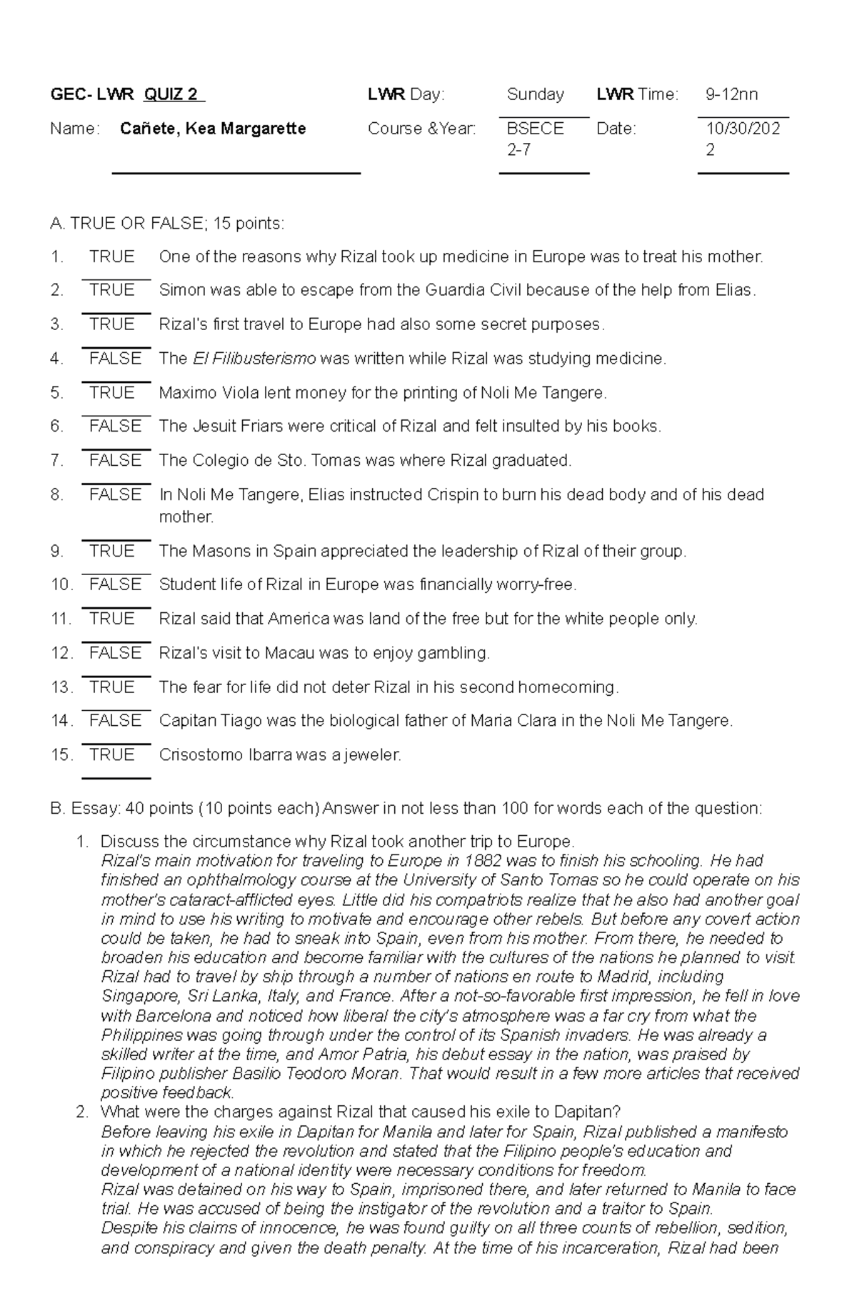 Canete Quiz 2 - An essay to you. - GEC- LWR QUIZ 2 LWR Day: Sunday LWR Time: 9-12nn Name: Cañete ...