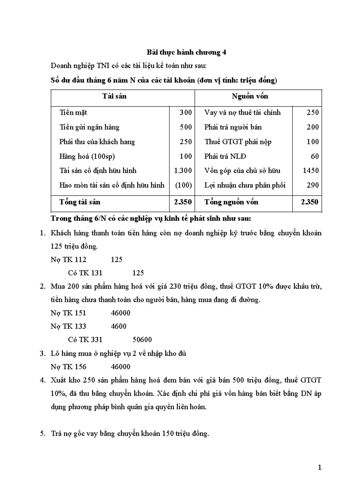 BT C4 - .... - Bài thực hành chương 4 Doanh nghiệp TNI có các tài liệu kế toán như sau: Số dư ...
