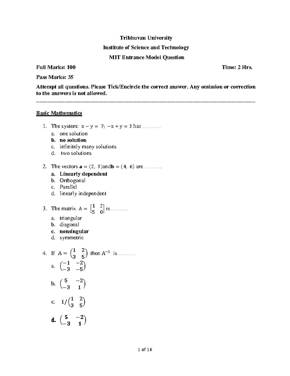 MIT Entrance Model Question - Tribhuvan University Institute of Science ...