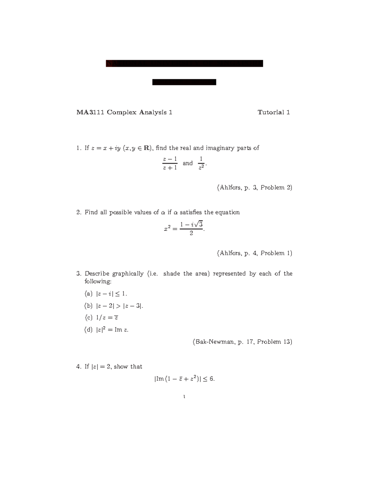 Prove that if z, w and u are complex - NATIONAL UNIVERSITY OF SINGAPORE SEMESTER 1, 2013/ MA3111 ...