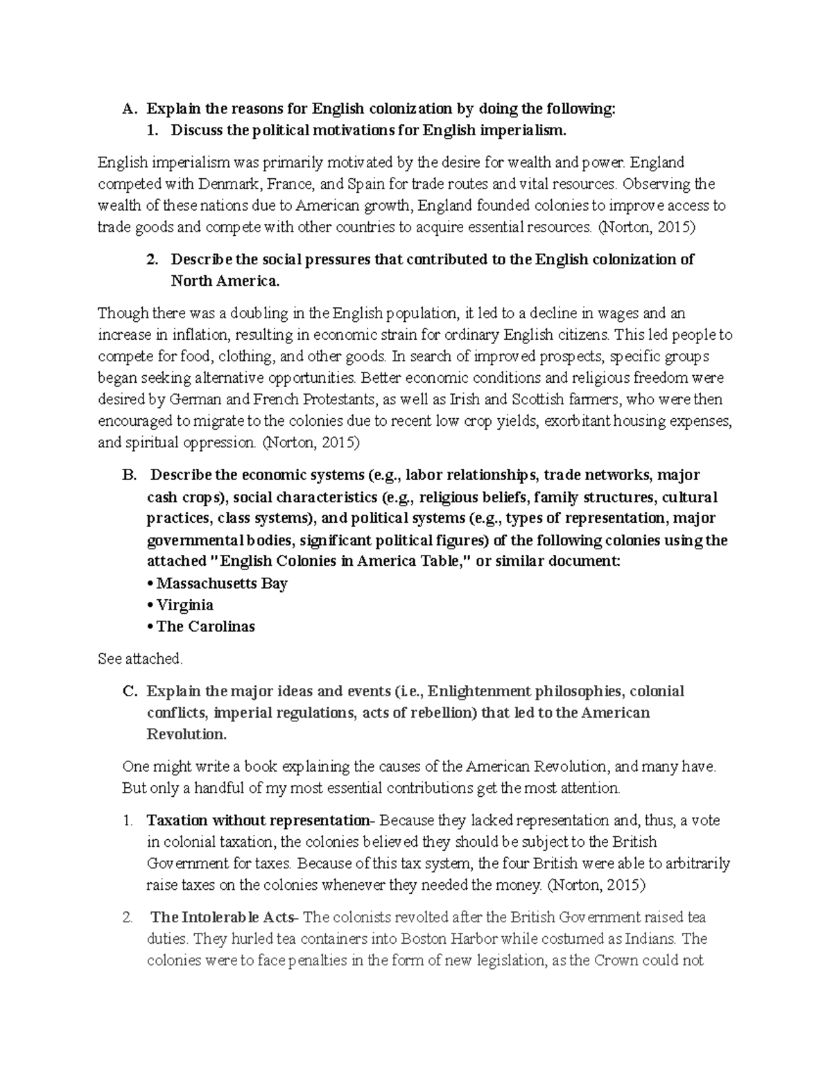 Task 1 - Task 1 A-D - A. Explain the reasons for English colonization ...