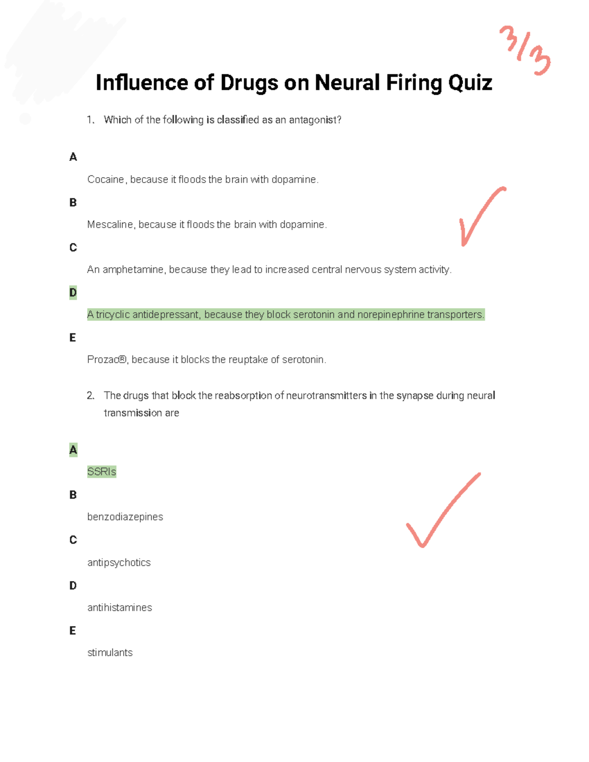 Influnce of drugs on neural firing mcq - Influence of Drugs on Neural ...
