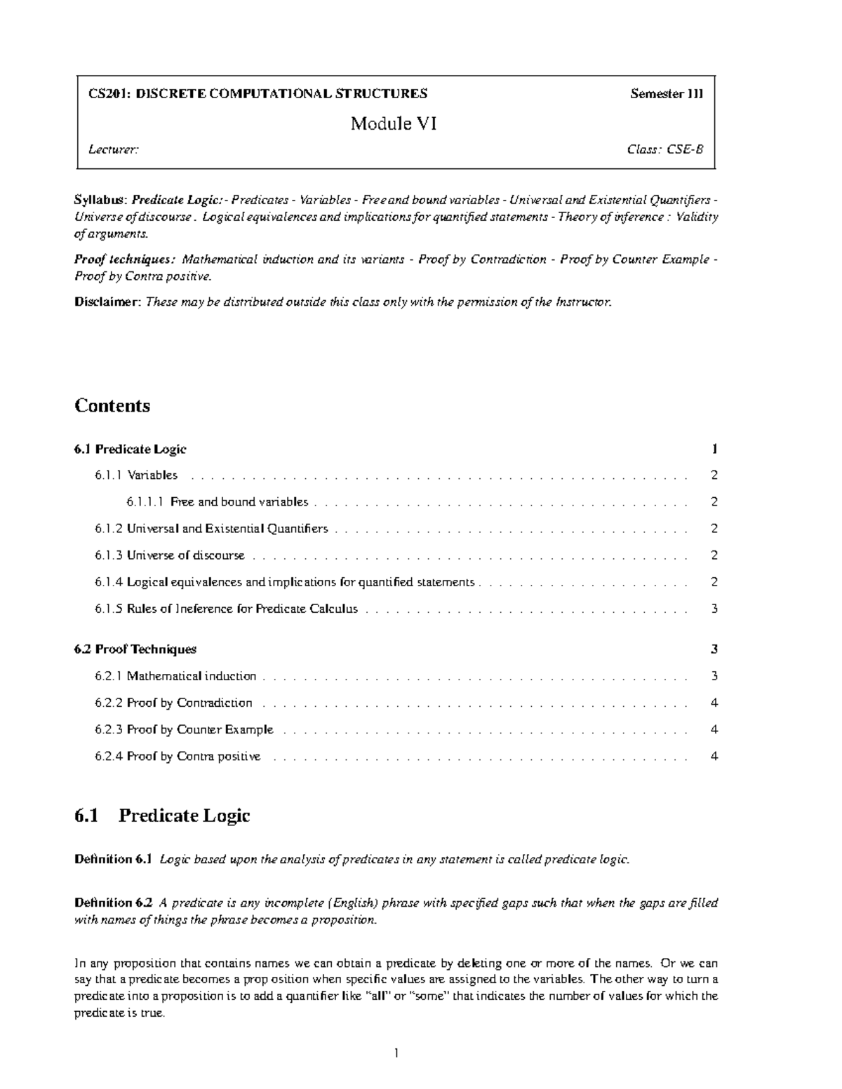 DCS-M6 - Predicate Logic:- Predicates – Variables – Free and bound ...