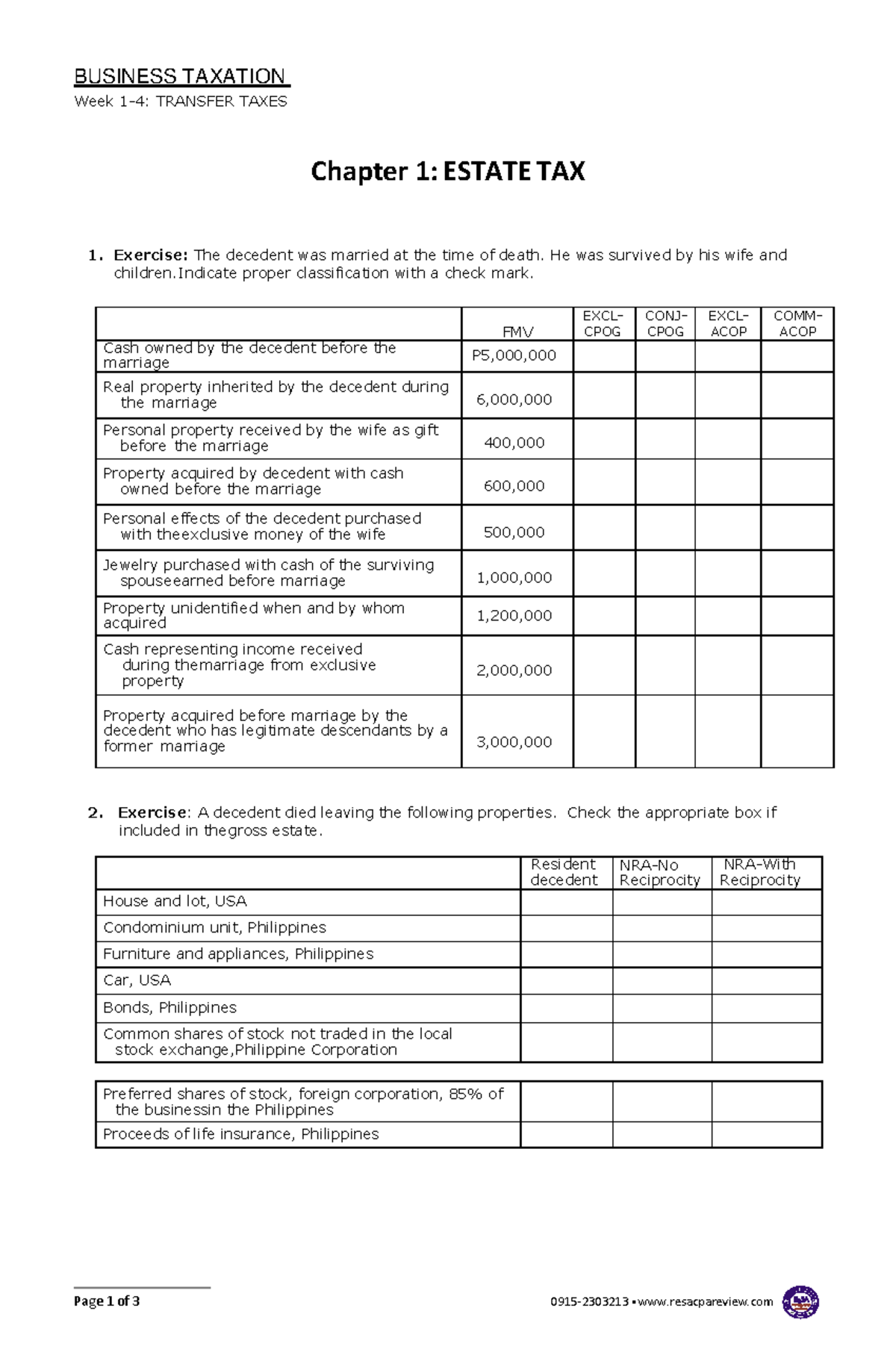 Estate Tax (Exercises) - BUSINESS TAXATION Week 1-4: TRANSFER TAXES ...