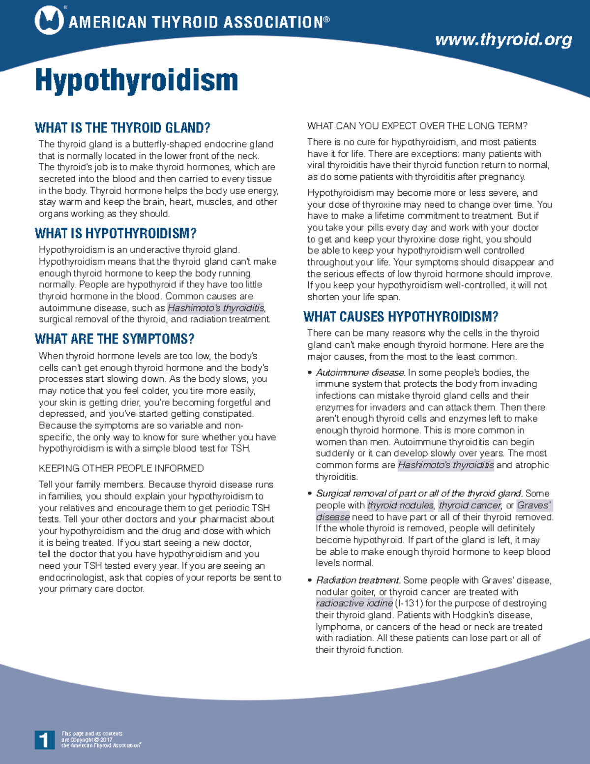 Hypo brochure - docu - AMERICAN THYROID ASSOCIATION ® This page and its ...
