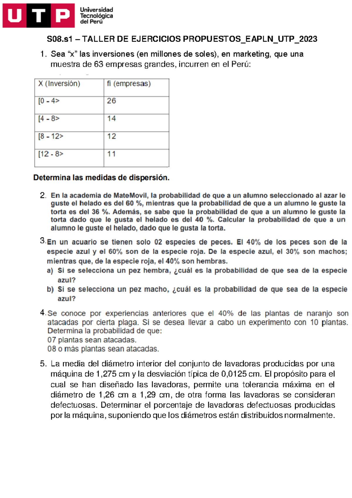 S08 s1 - Resolver ejercicios - S08 – TALLER DE EJERCICIOS PROPUESTOS_EAPLN_UTP_ Sea “x” las ...
