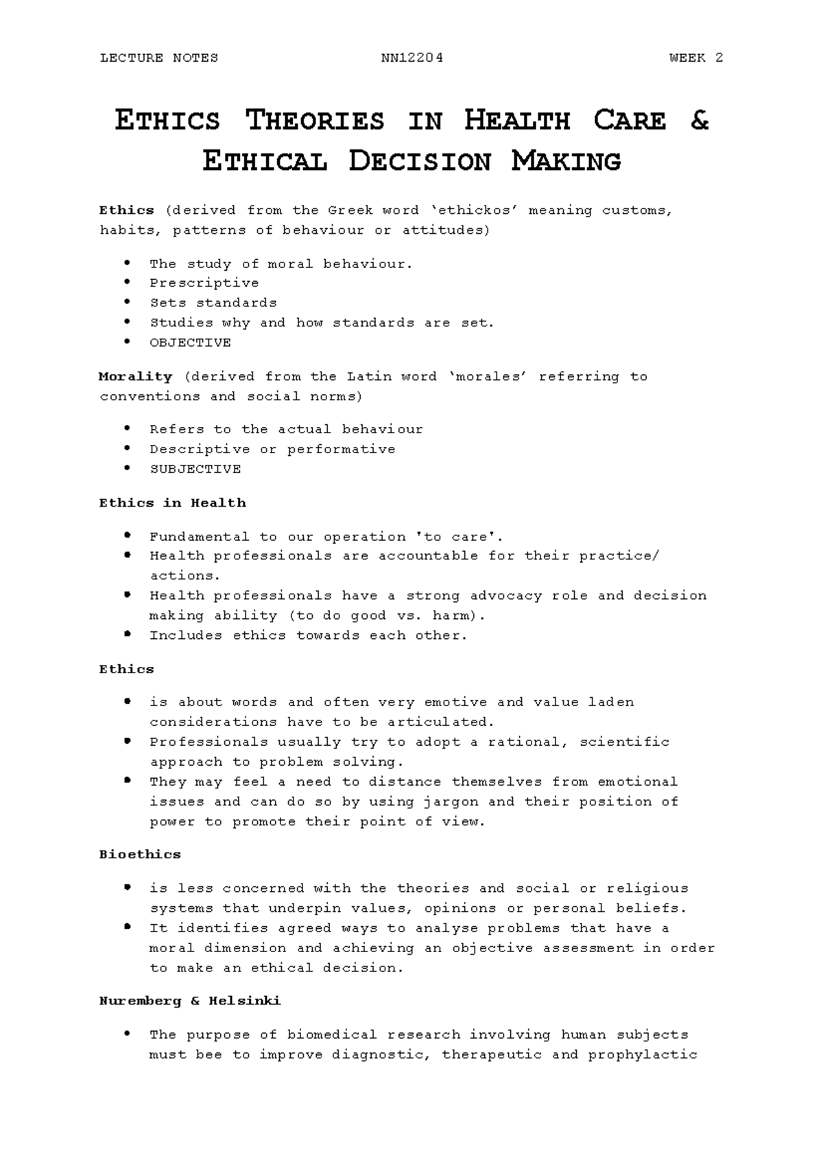 Lecture notes, lecture Ethics Theories in Health Care - ETHICS THEORIES ...