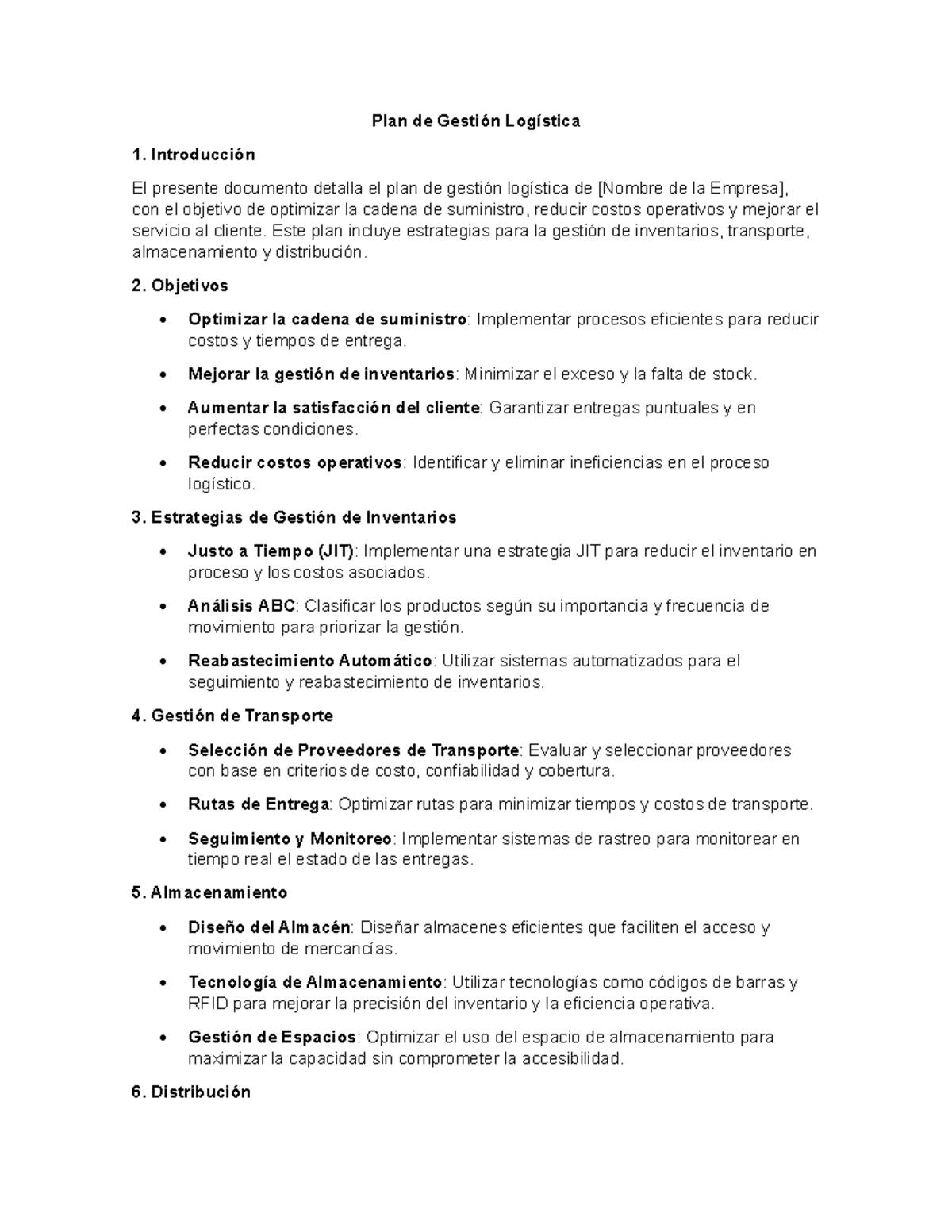 Plan de Gestión Logística - Plan de Gestión Logística Introducción El ...
