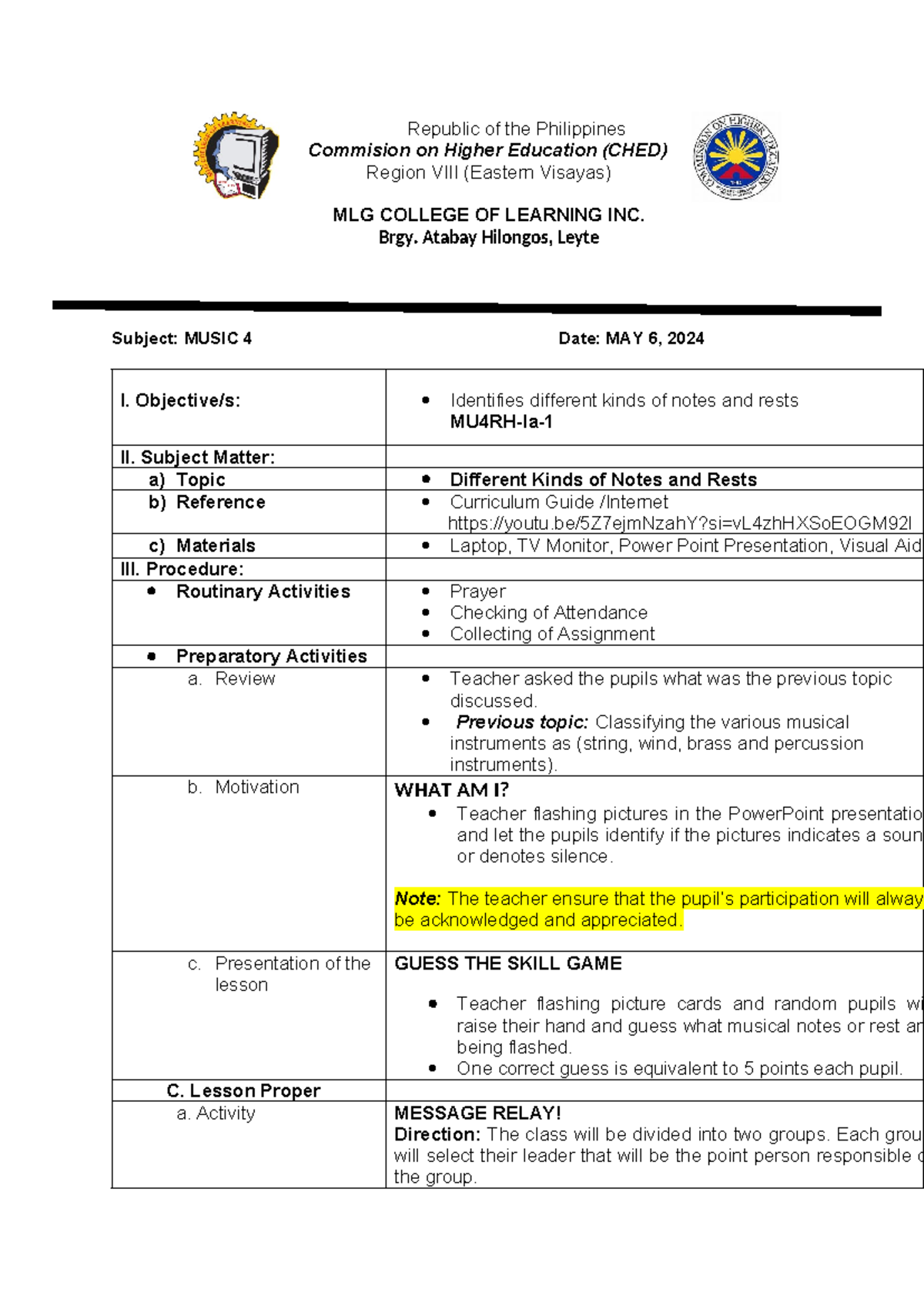 Lesson Plan Music 4 - good - Subject: MUSIC 4 Date: MAY 6, 2024 I ...