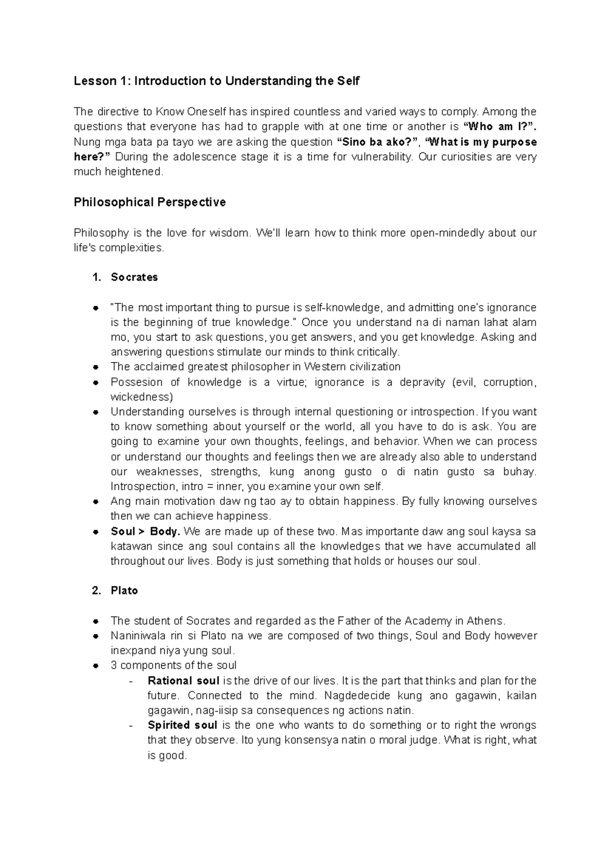UTS Notes - Lesson 1: Introduction to Understanding the Self The ...