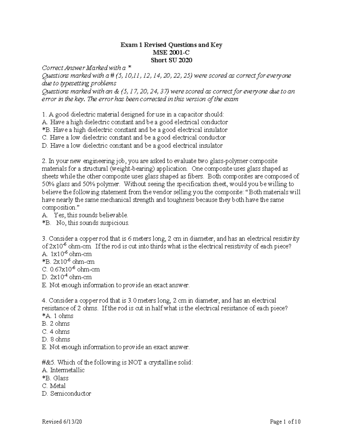 Exam 1 MSE 2001 SU20 Solutions - Exam 1 Revised Questions and Key MSE ...