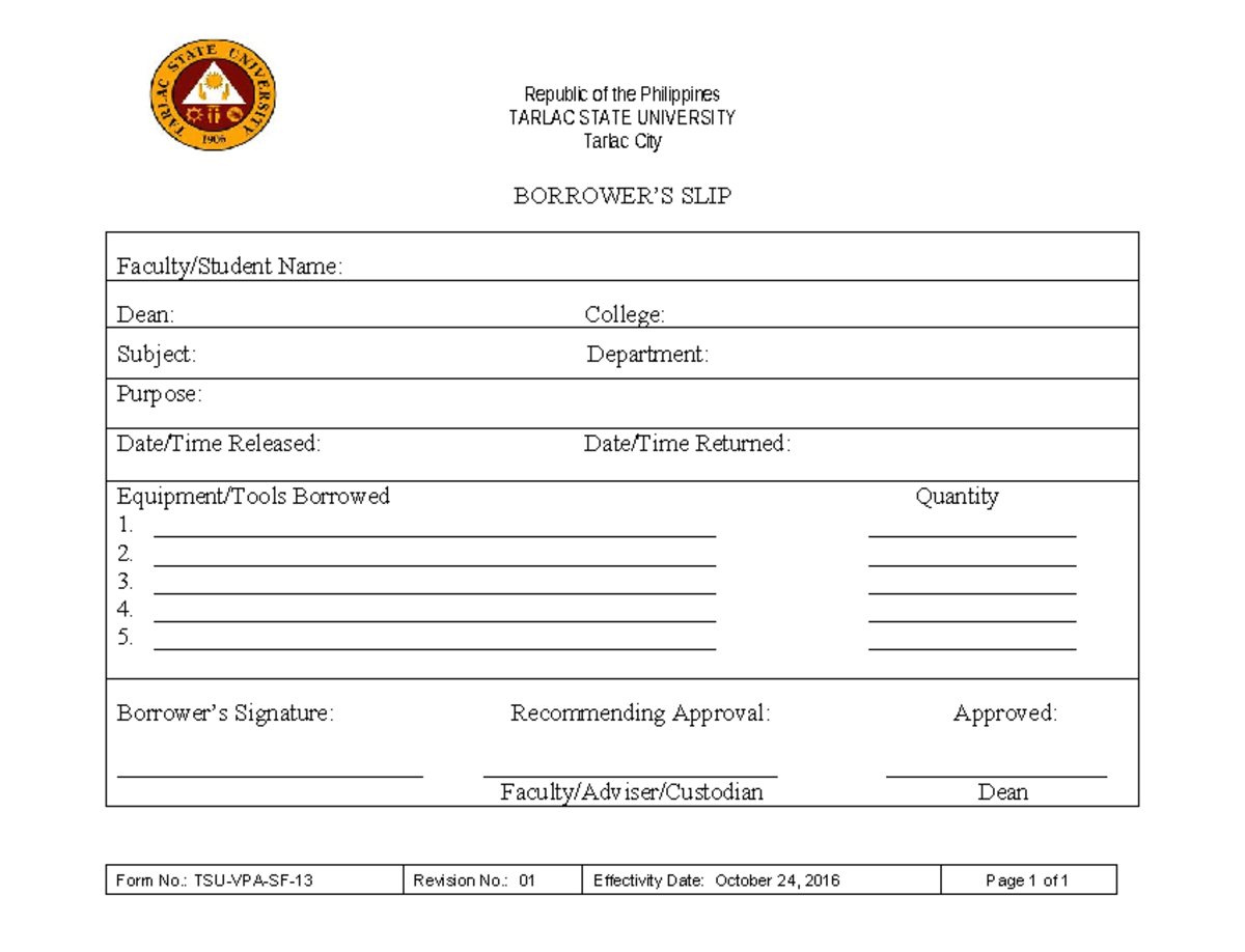 Borrower-s-slip - Republic of the Philippines TARLAC STATE UNIVERSITY Tarlac City BORROWER’S ...