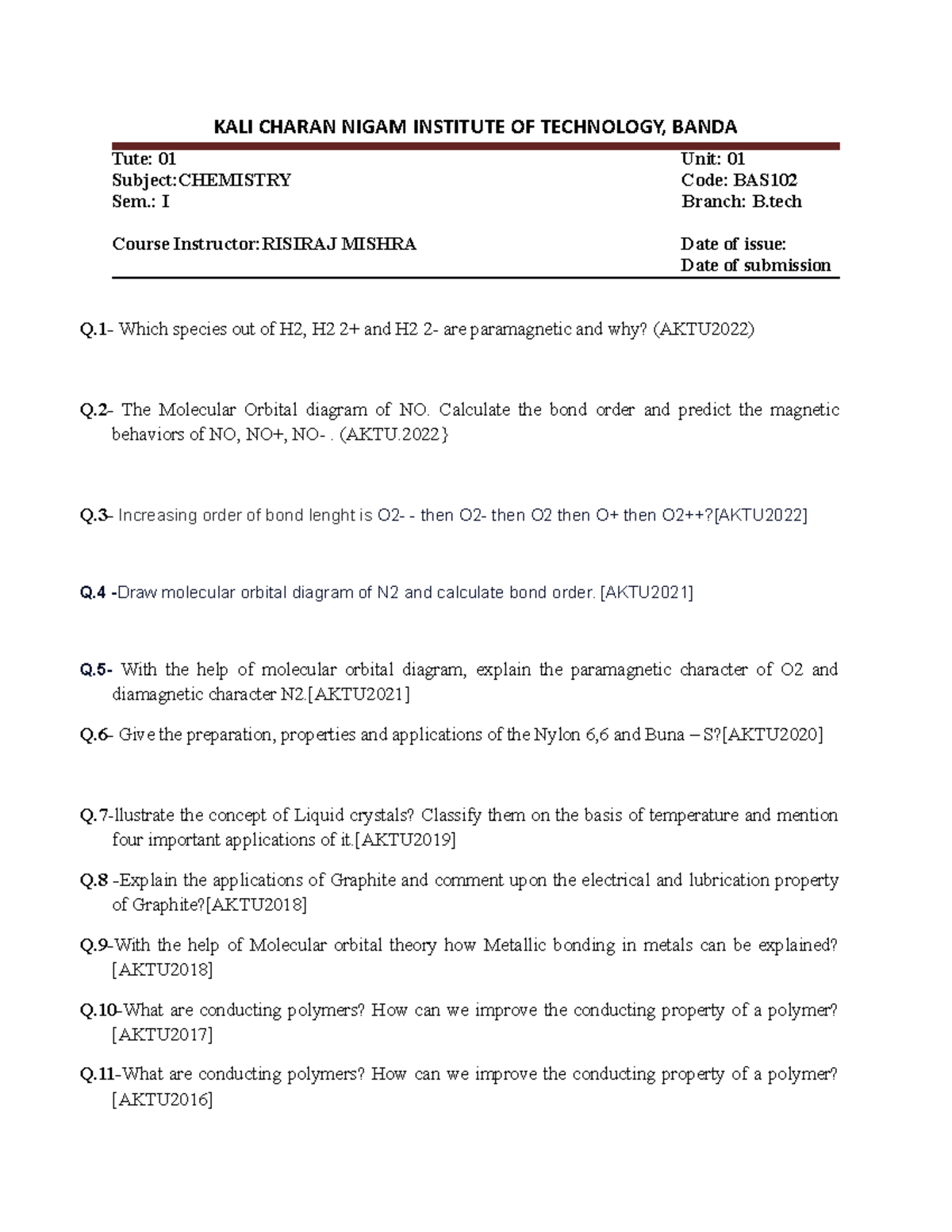 TUTE 1 B - TUTE FOR B.TECH - KALI CHARAN NIGAM INSTITUTE OF TECHNOLOGY, BANDA Tute: 01 Unit: 01 ...