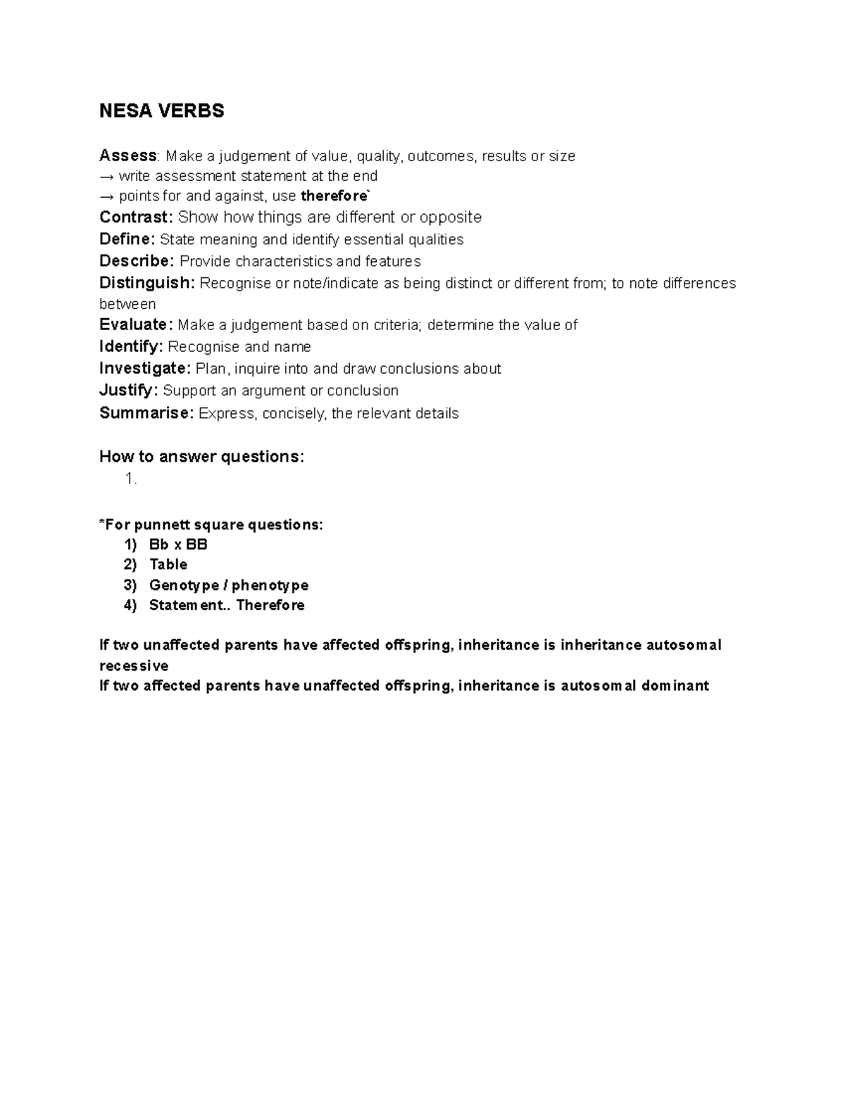 Biology MOD 5 - NESA VERBS Assess: Make a judgement of value, quality ...