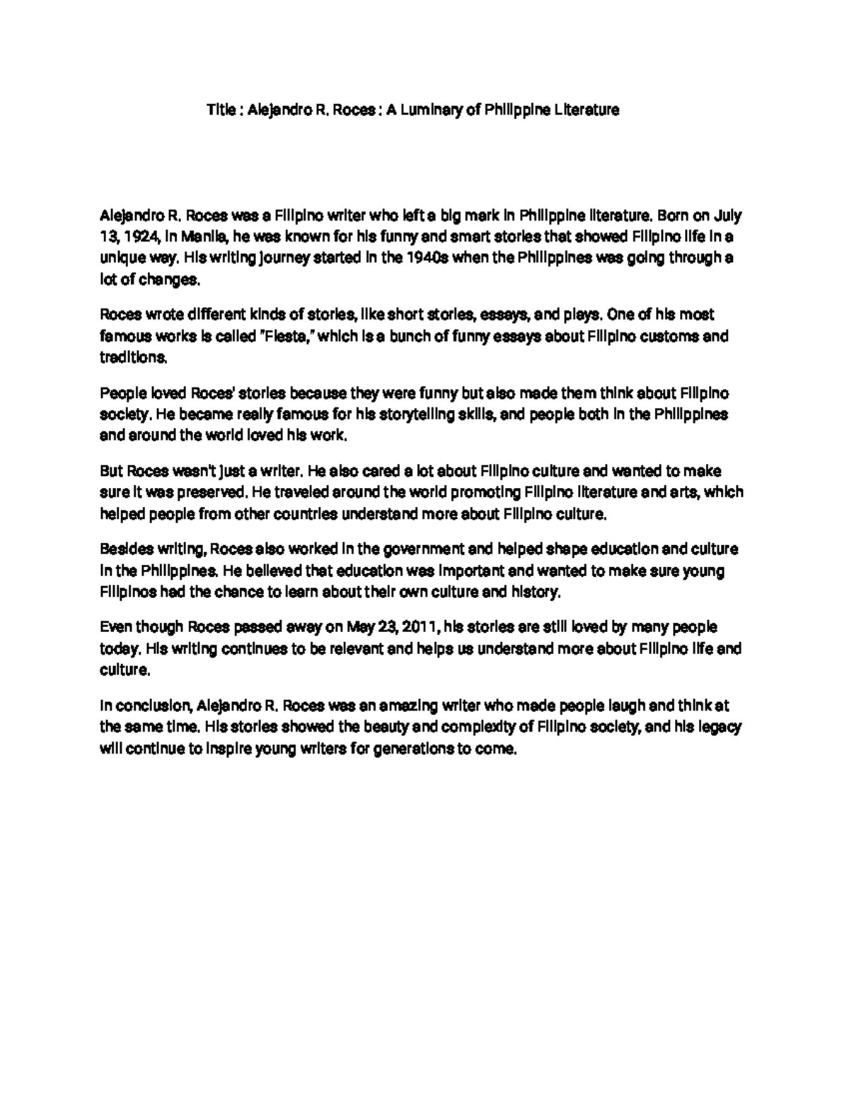 Essay Filipinowriter HUM-1 - Title : Alejandro R. Roces : A Luminary of ...